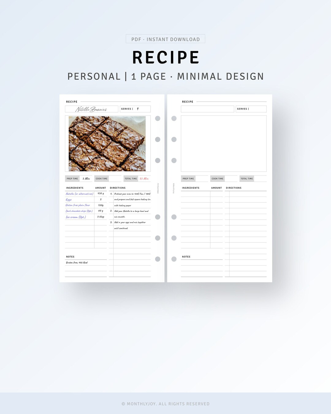 Personal Size, Recipe Journal Printable Food Recipe Template, Blank ...