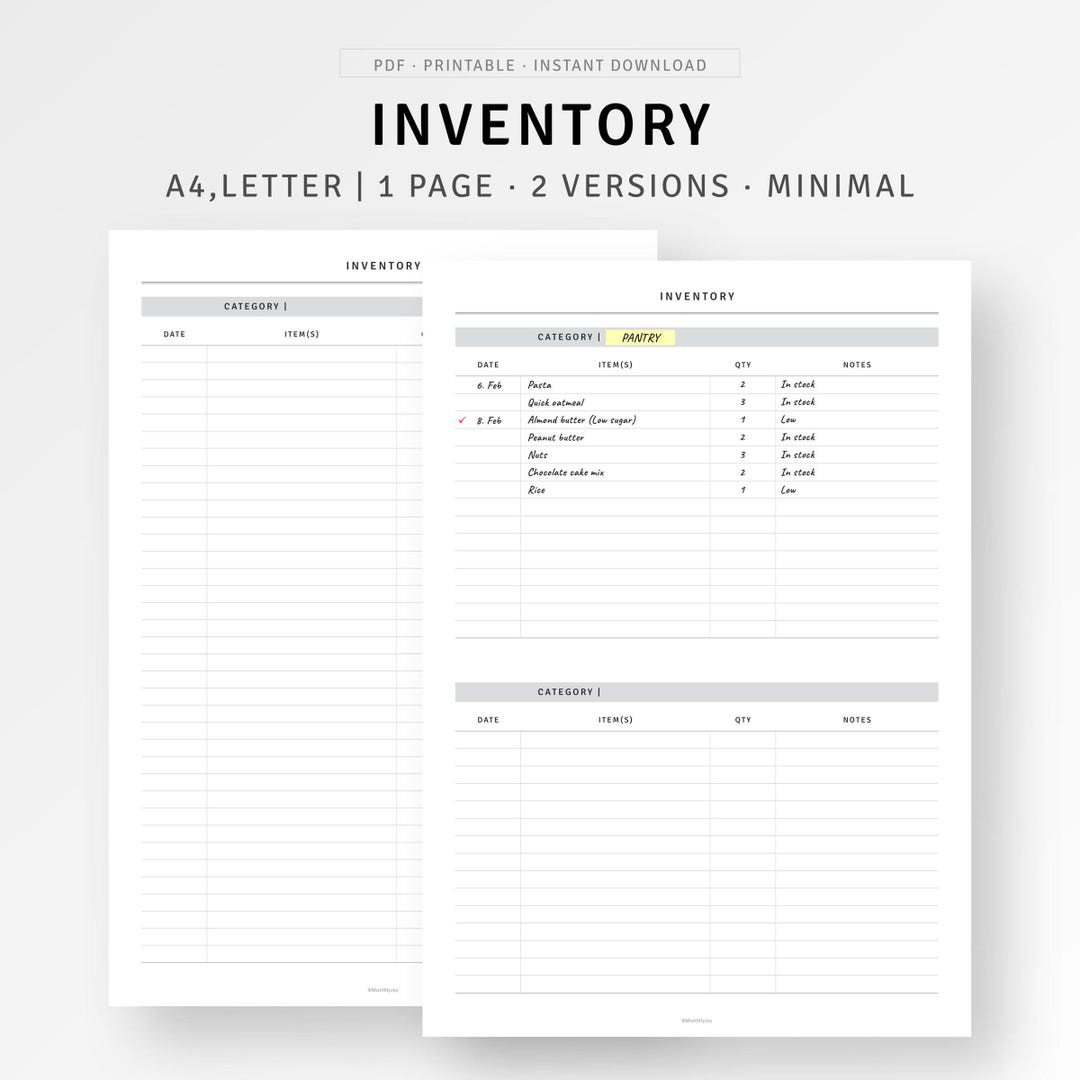 Inventory Tracker Printable Home Management Organizer, Minimal Kitchen ...