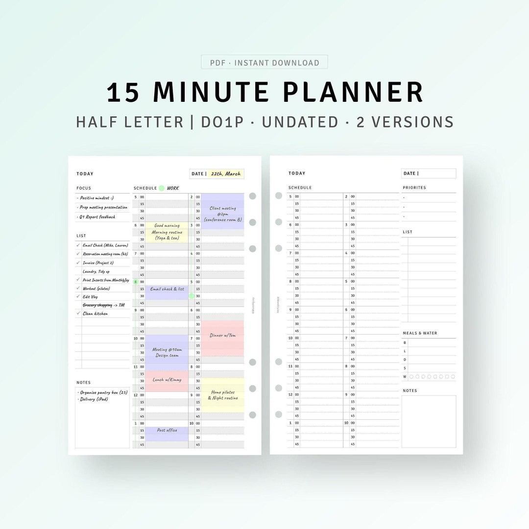 Printable 15 Minute Planner, Time Blocking Template, Daily Hourly ...