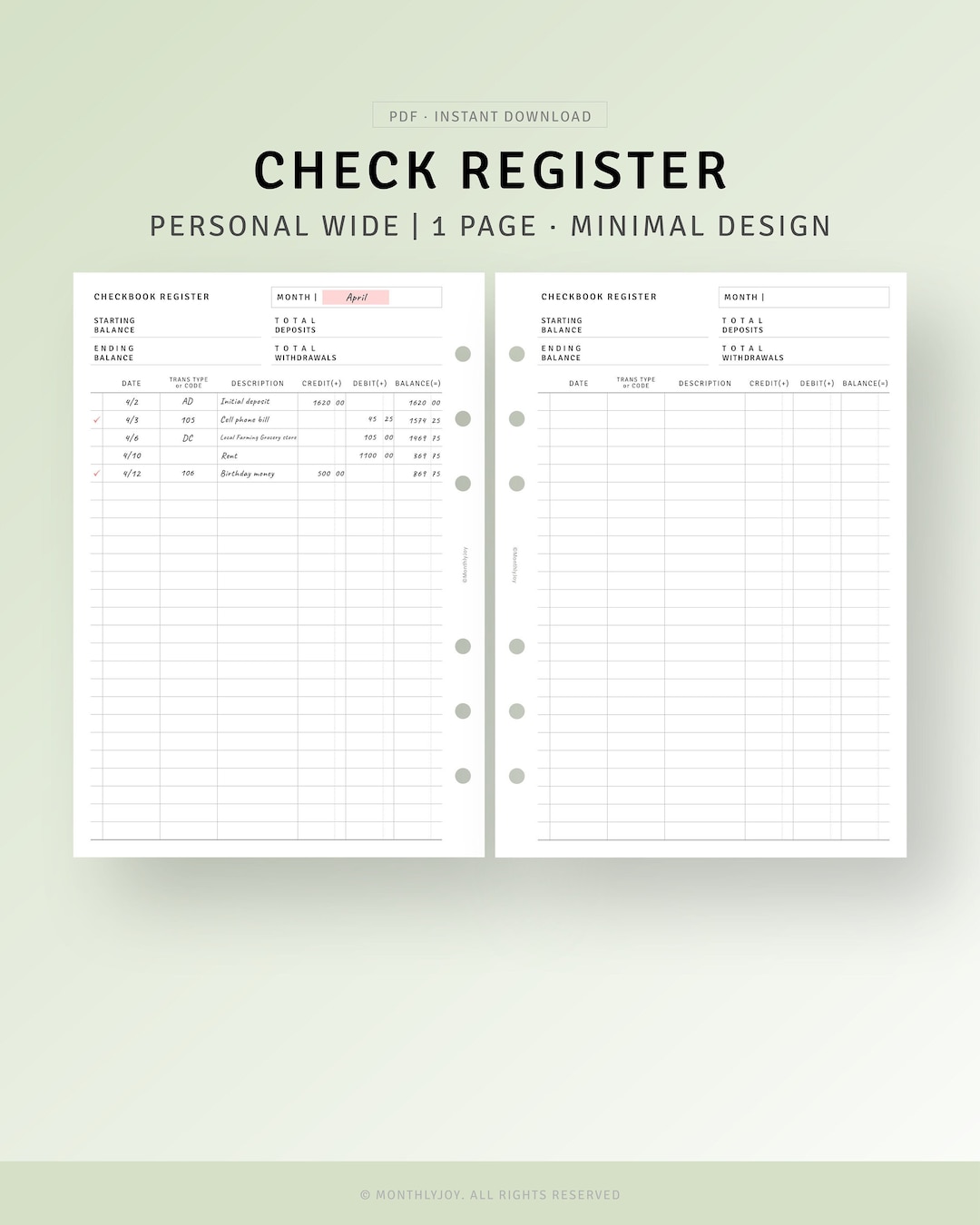Check Register Printable Personal Wide Inserts, Spending Tracker ...