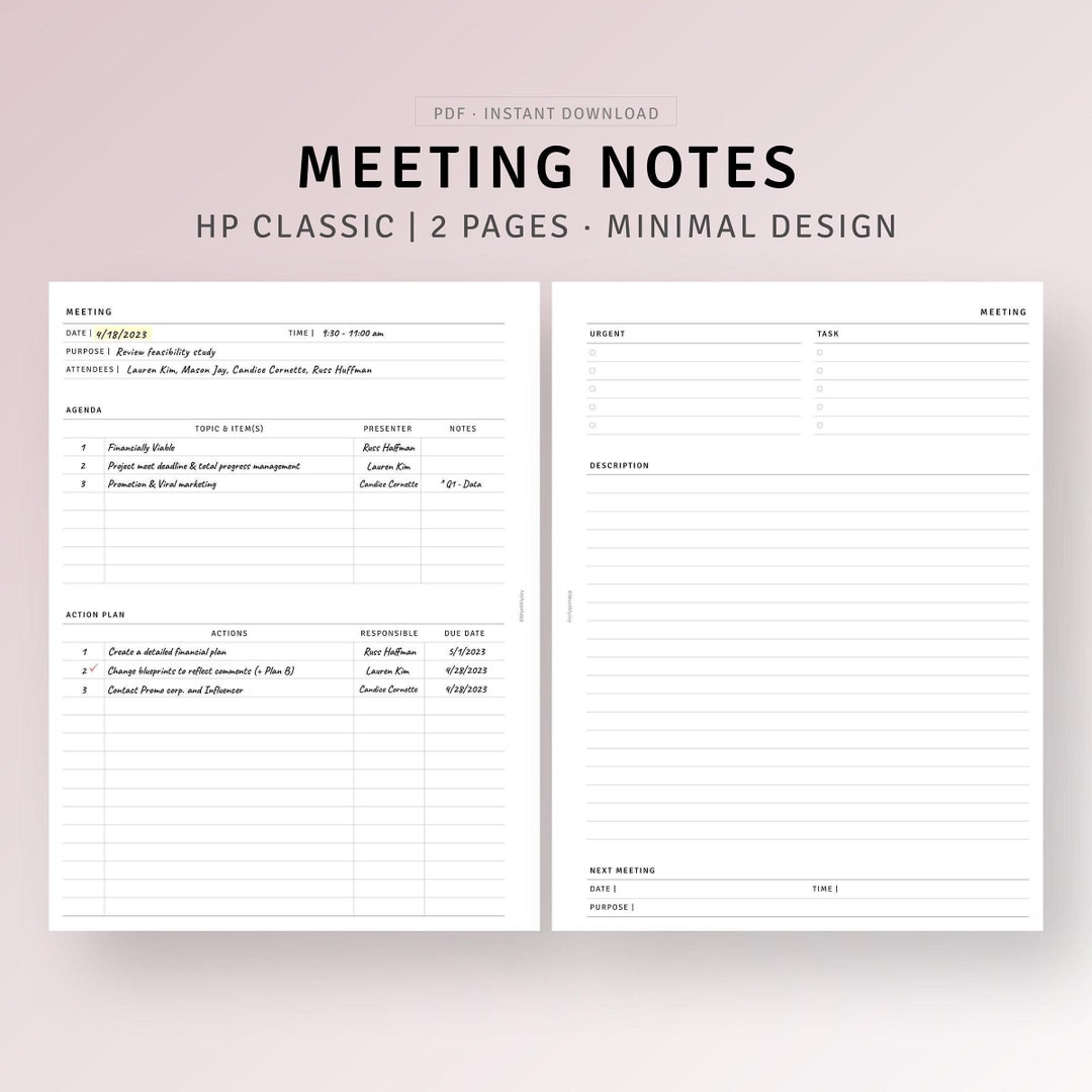 Meeting Notes Printable HP Classic Inserts, Meeting Minutes Template ...