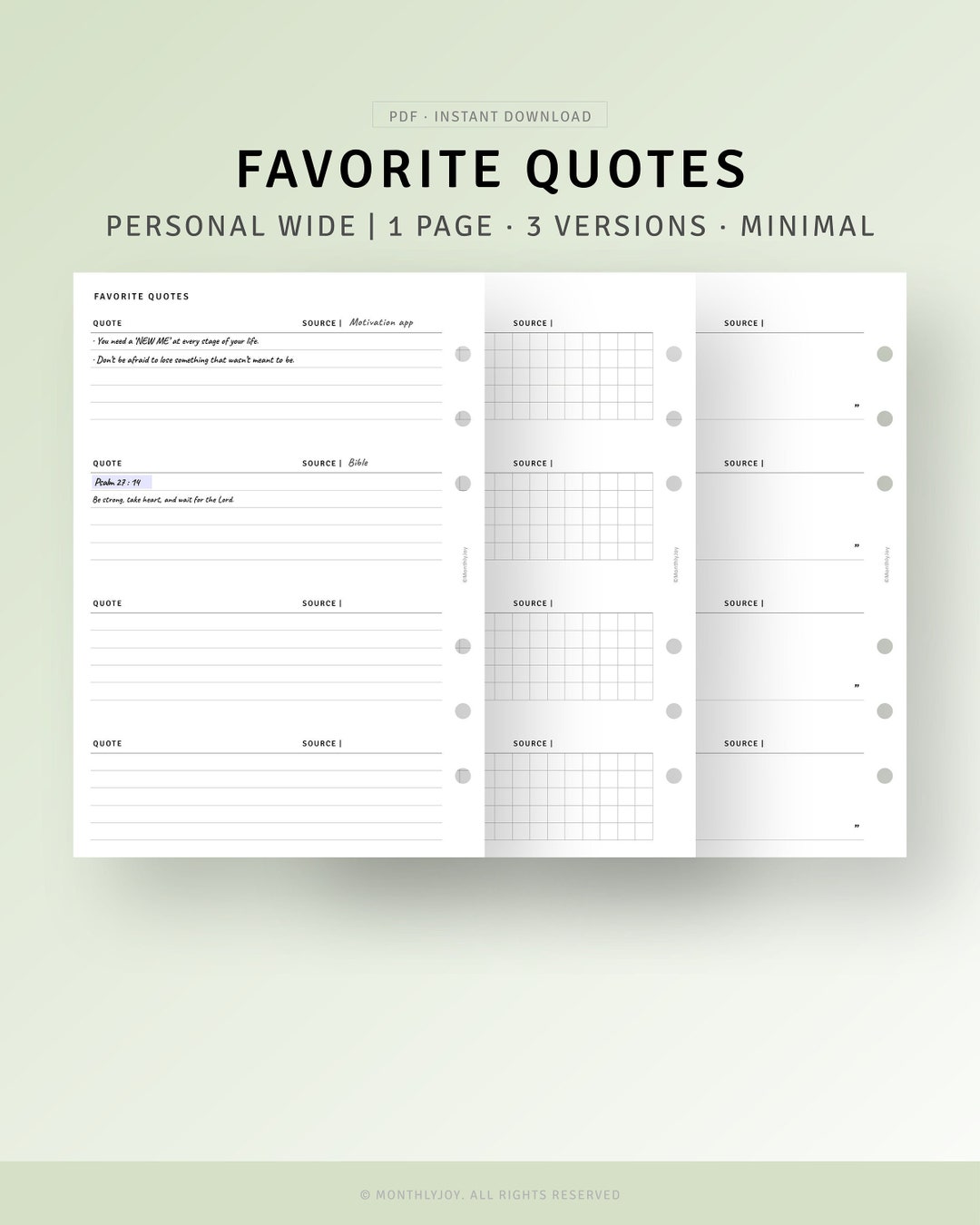 Printable Favorite Quotes Template Personal Wide Inserts, Positive ...