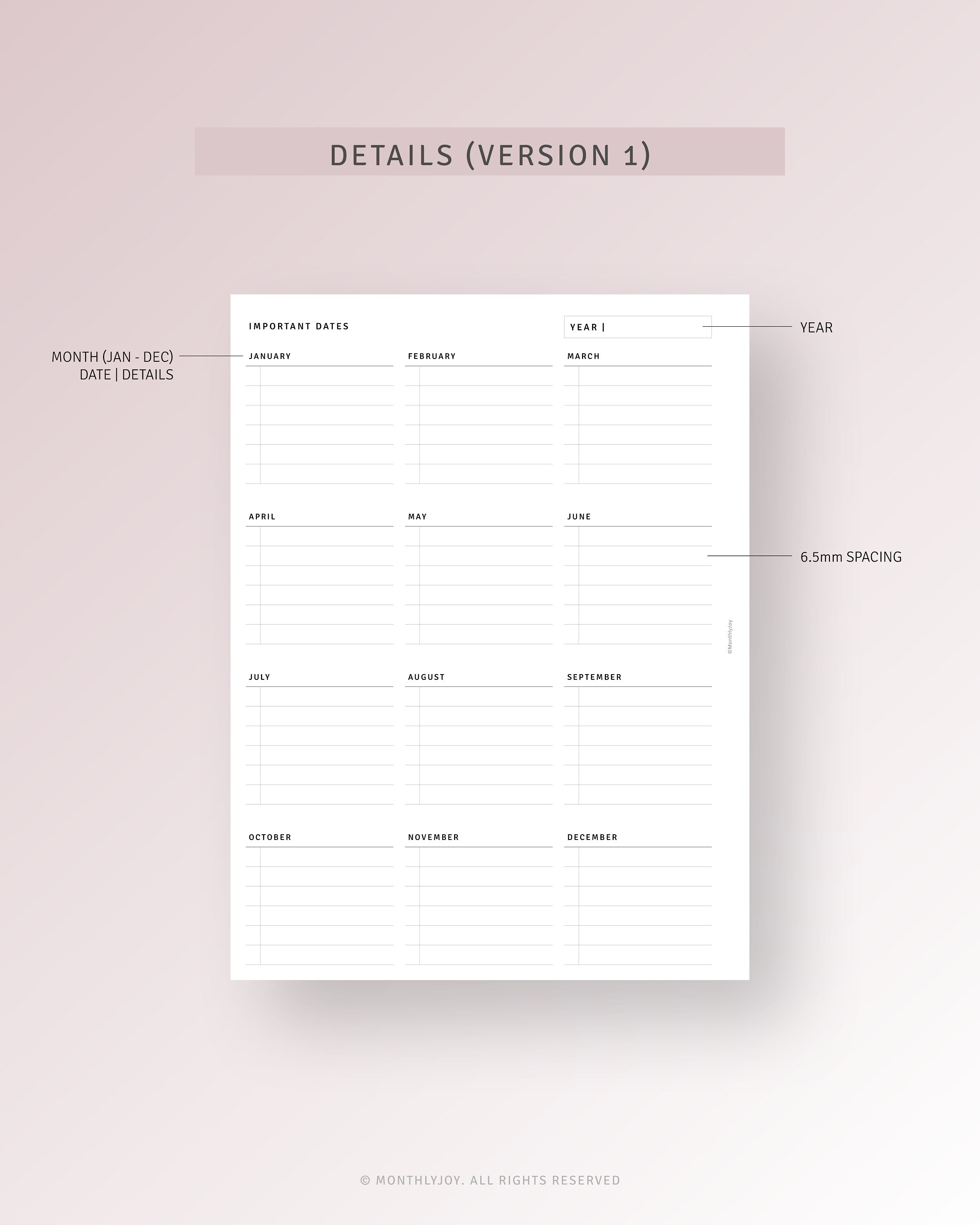 Yearly Important Dates HP Classic Printable Inserts, Birthday ...