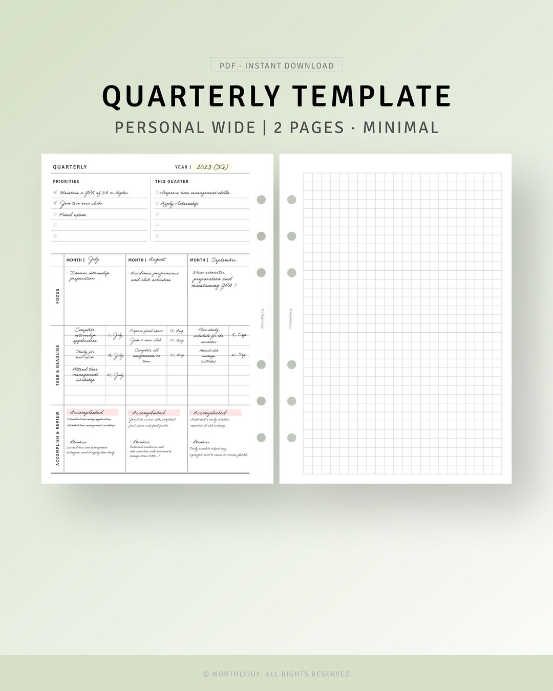 Quarterly Planner Printable Personal Wide Inserts, Quarterly Goal ...