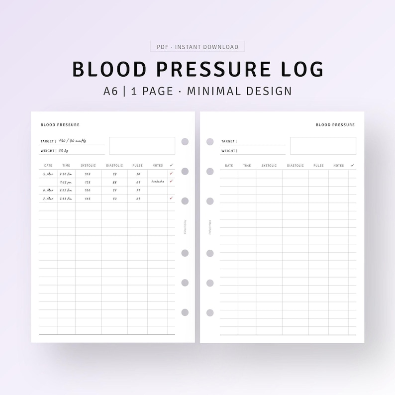 A6, Blood Pressure Tracker Printable Daily Blood Pressure Log Chart ...