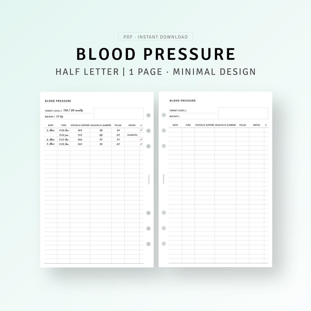 Blood Pressure Tracker Printable Half Letter Inserts, Daily Blood ...