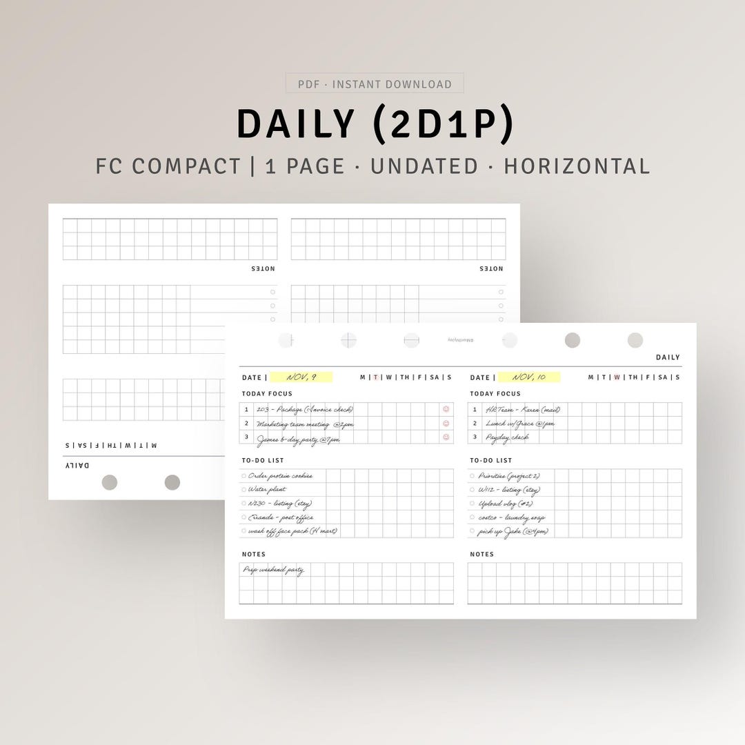 2 Days on 1 Page Printable Inserts, Schedule Organizer Horizontal ...