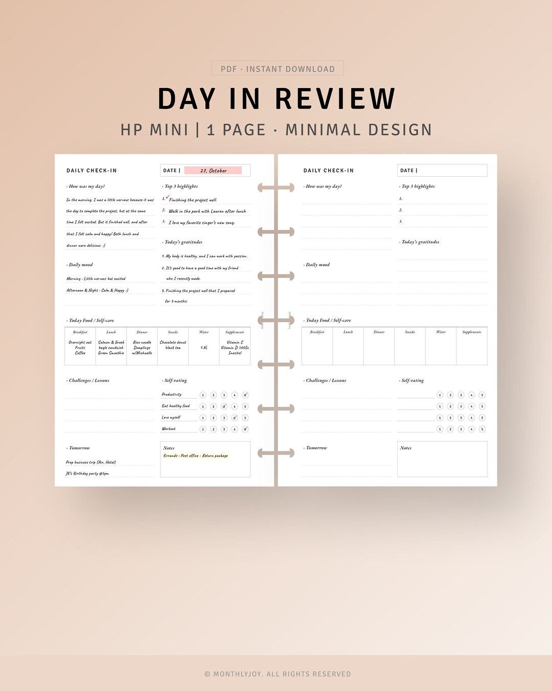 Day in Review HP Mini Inserts Printable Daily Reflection Self-care ...