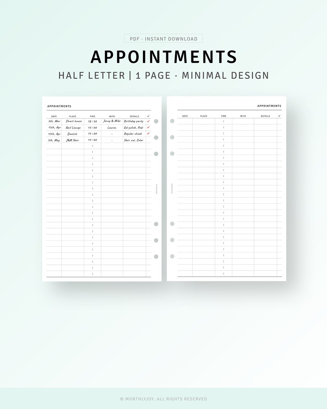 Appointments Tracker Printable Half Ring Inserts, Scheduling Organizer ...
