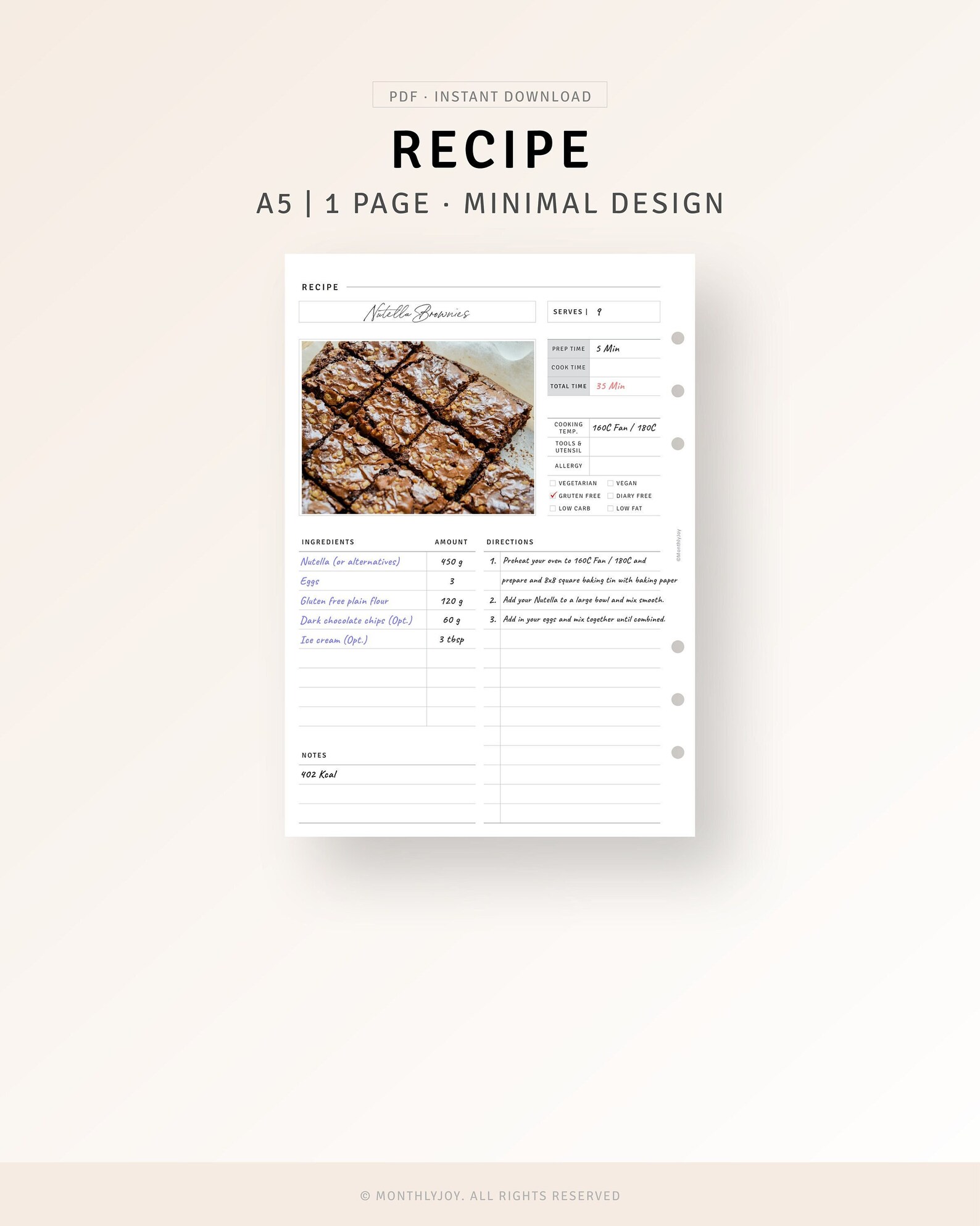 Recipe Planner A5 Size Printable Kitchen Recipe Template - Etsy