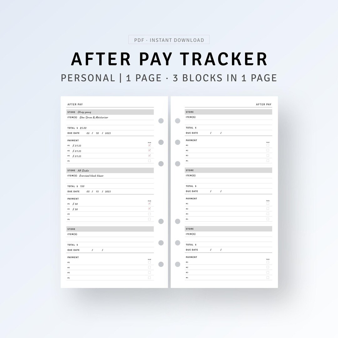 After Pay Tracker Printable Personal Ring Inserts, Payment Reminder ...