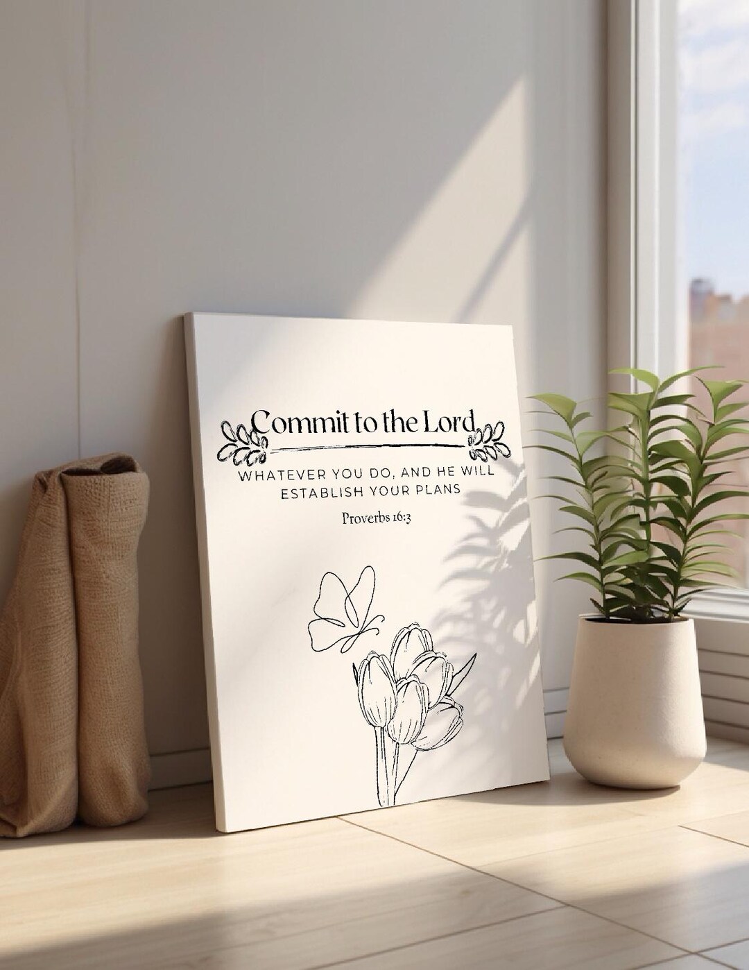 Proverbs 16:3 Bible Verse With Butterfly and Tulip Flower Bouquet Commit to the Lord ...