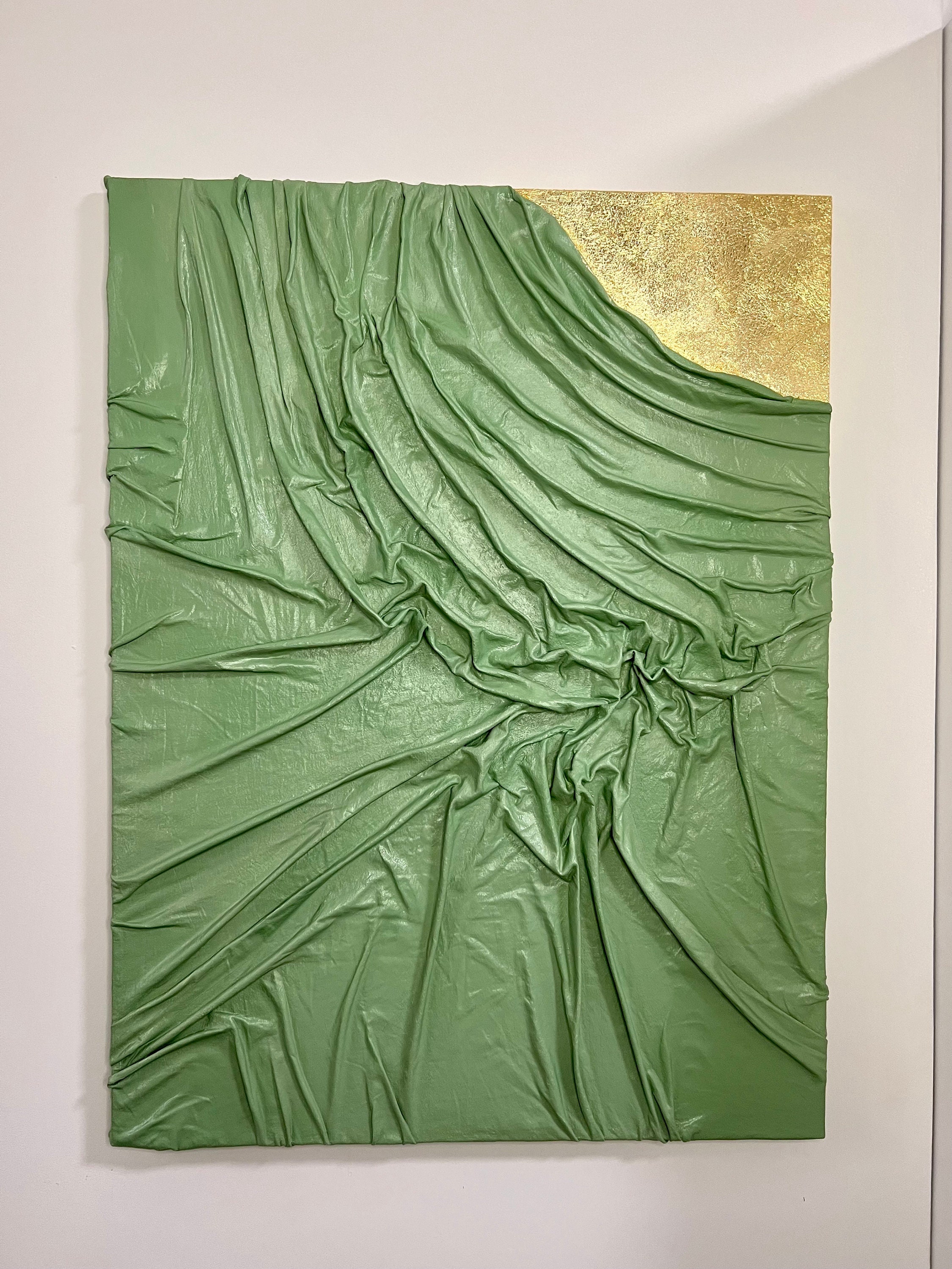 Large Fabric Textured Art on Canvas, Green and Gold Textured Painting ...