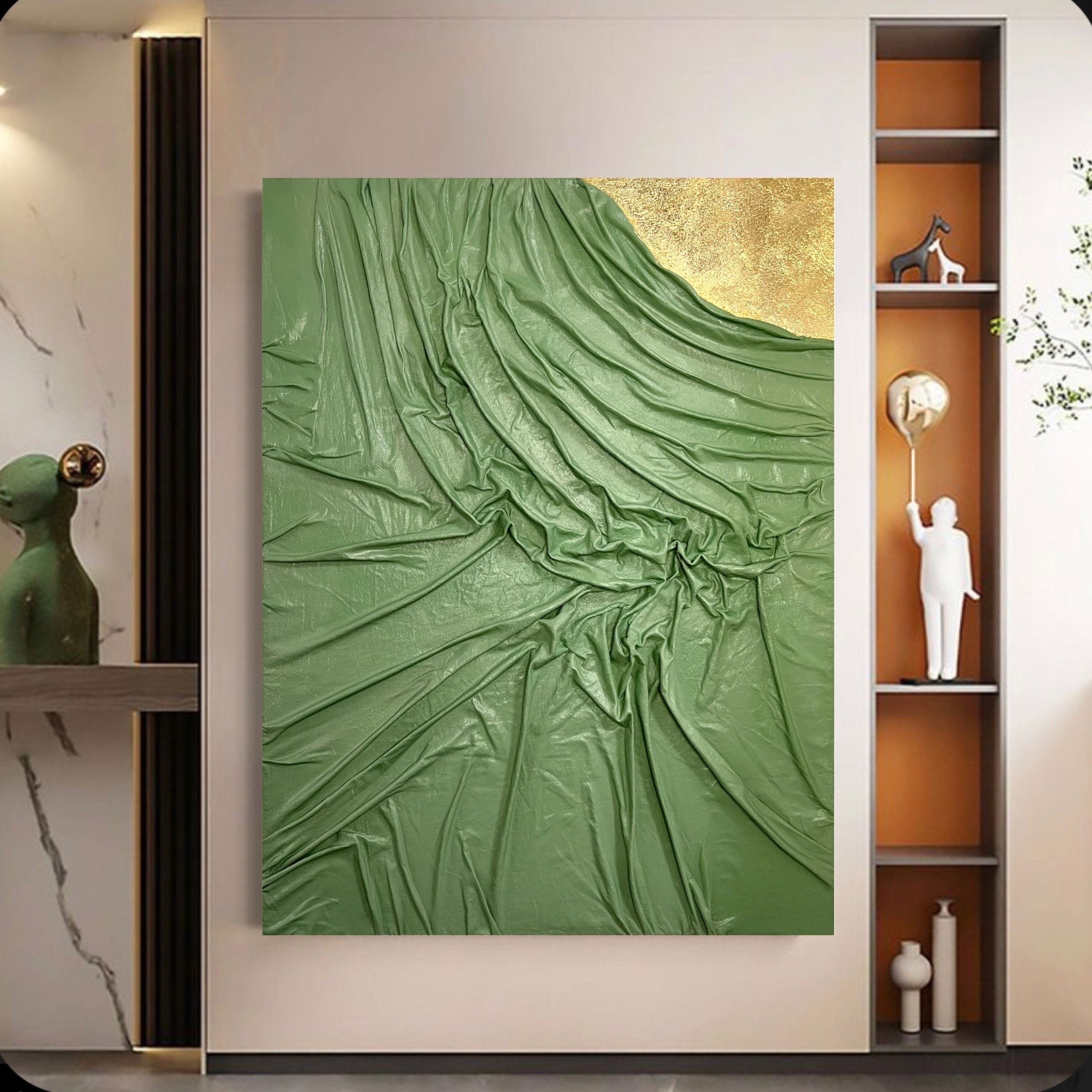 Large Fabric Textured Art on Canvas, Green and Gold Textured Painting ...