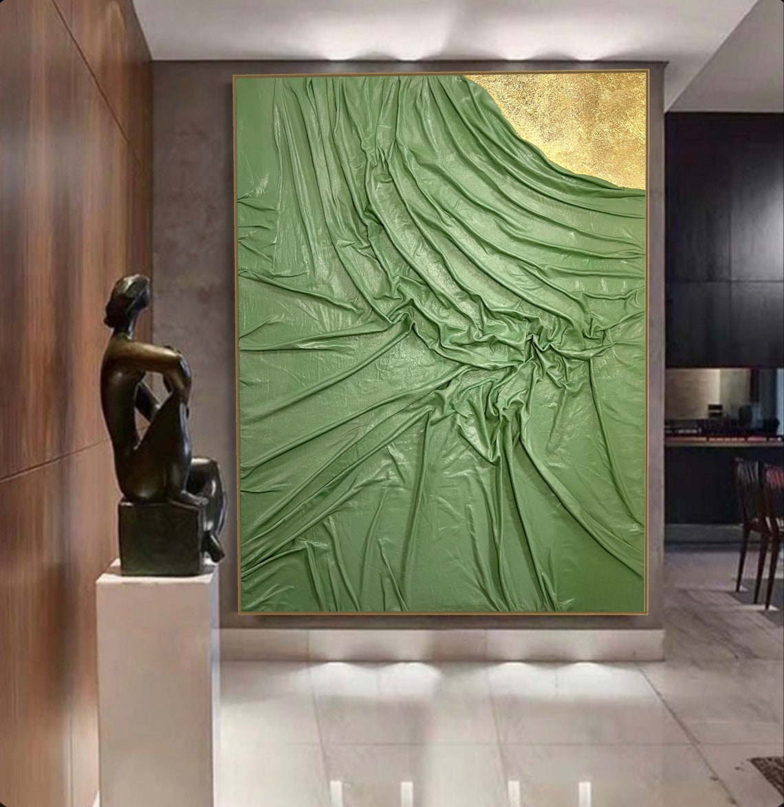 Large Fabric Textured Art on Canvas, Green and Gold Textured Painting ...