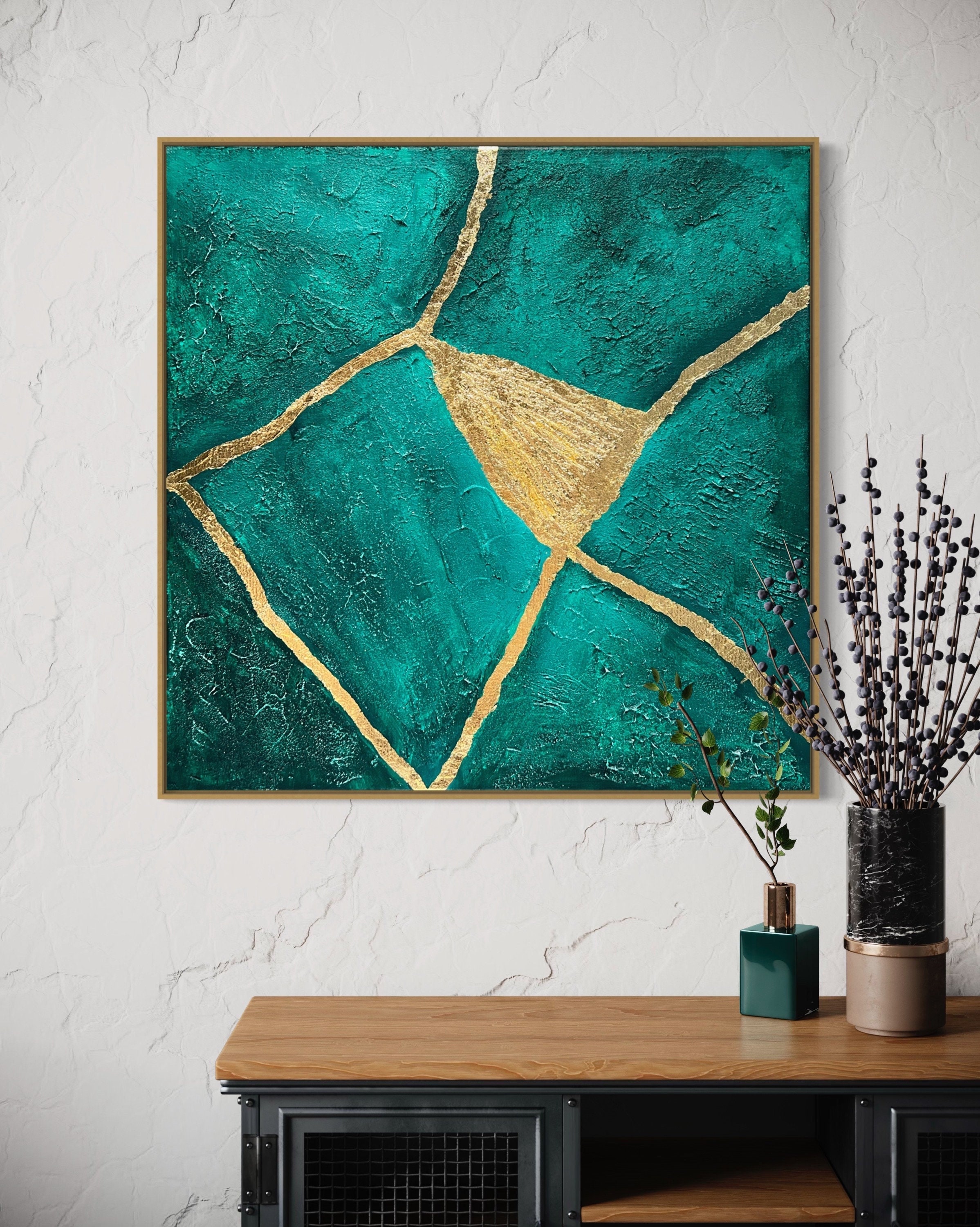 Green & Gold Abstract Painting, Kintsugi Wall Art, Japanese Painting ...