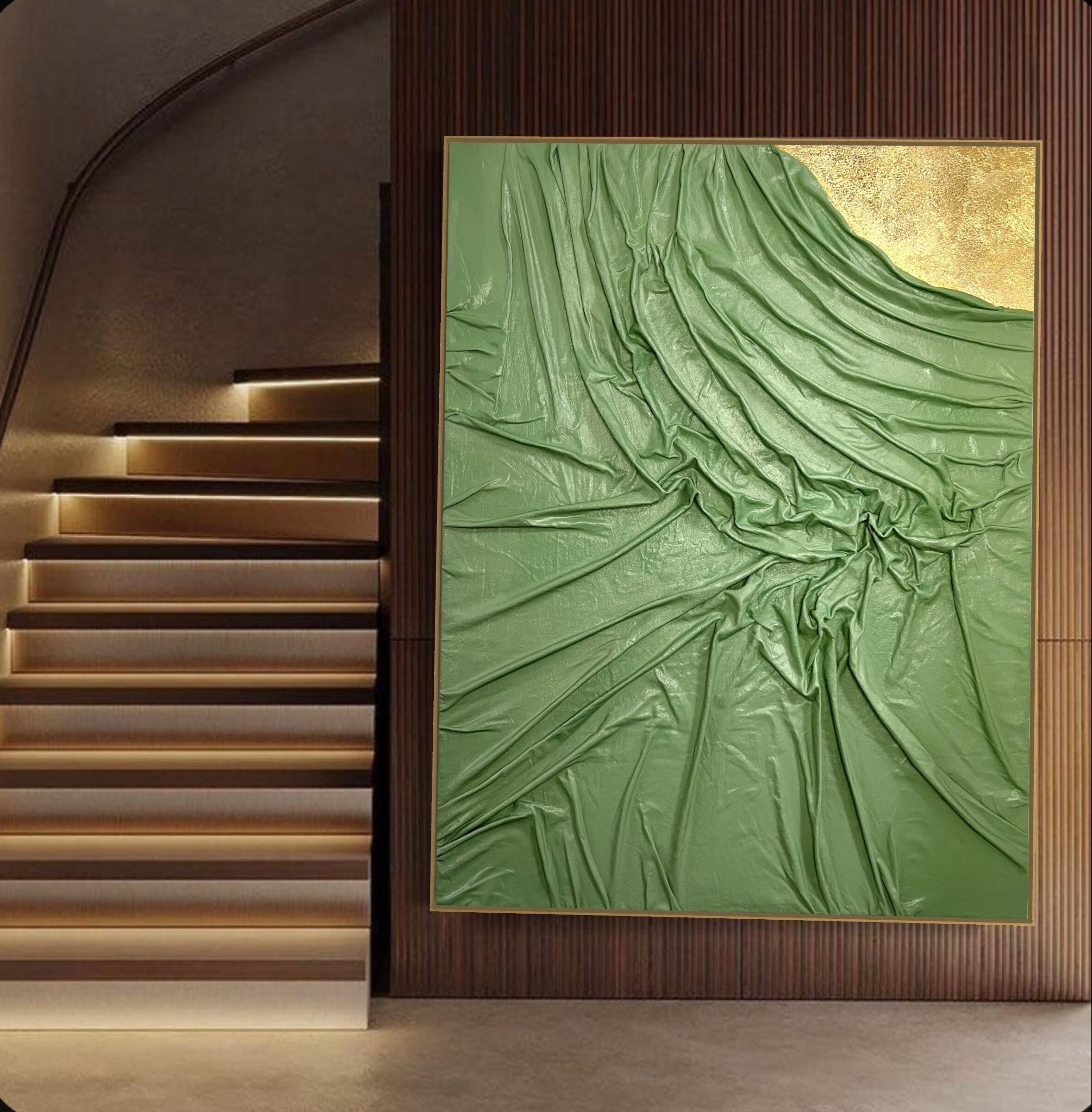 Large Fabric Textured Art on Canvas, Green and Gold Textured Painting ...