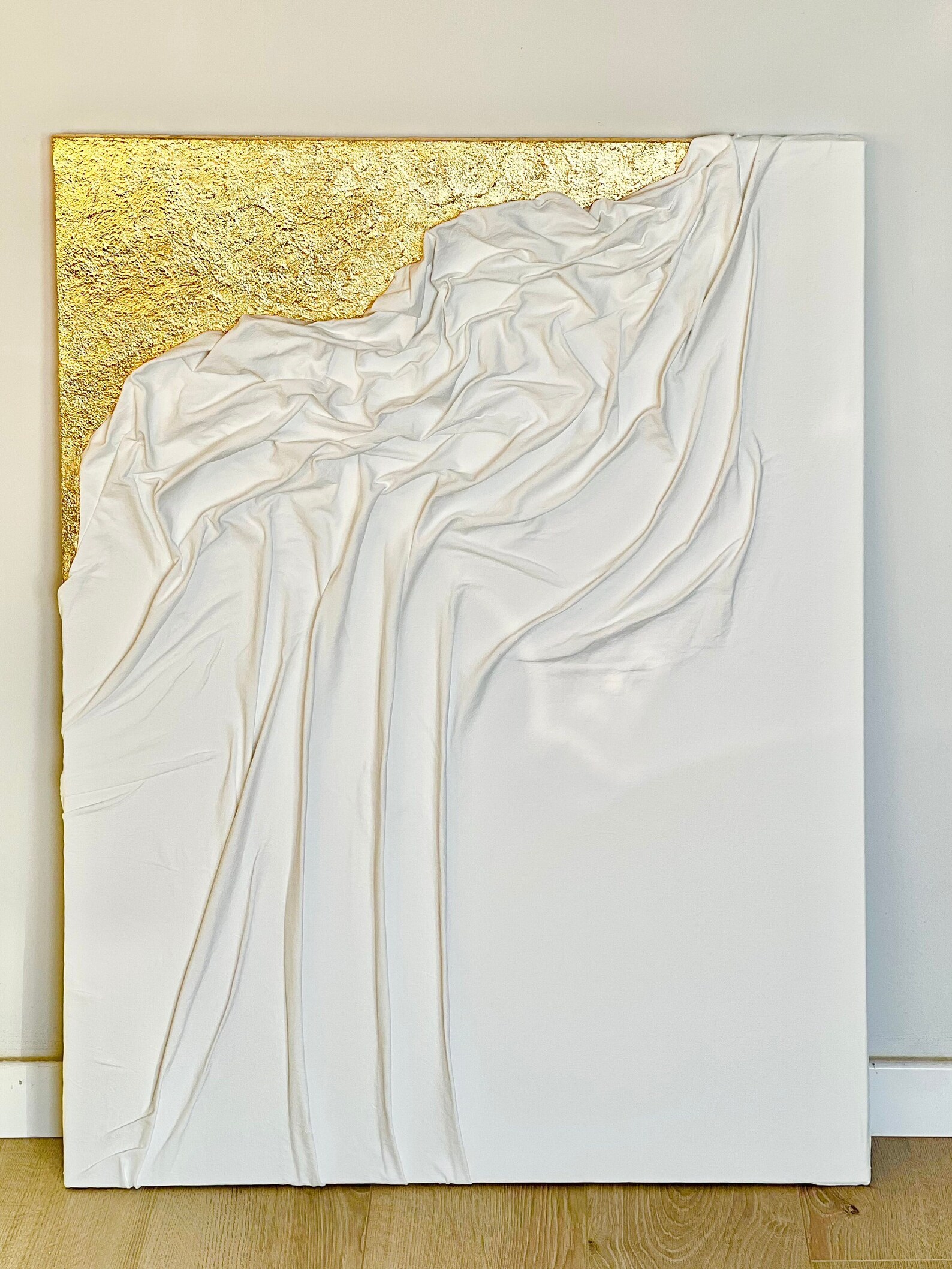 Large Fabric Textured Art on Canvas, White and Gold Textured Painting ...