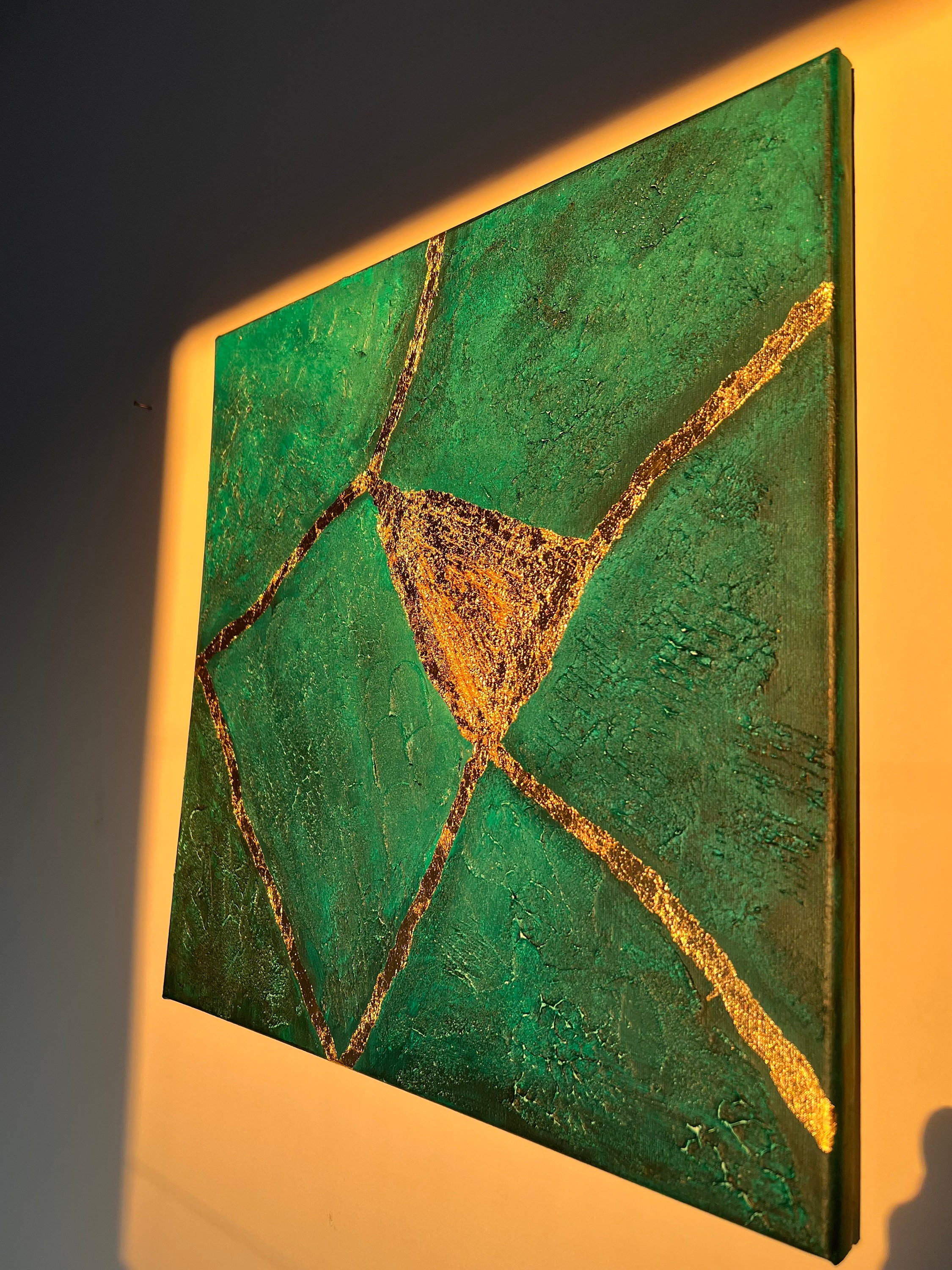 Green & Gold Abstract Painting, Kintsugi Wall Art, Japanese Painting ...