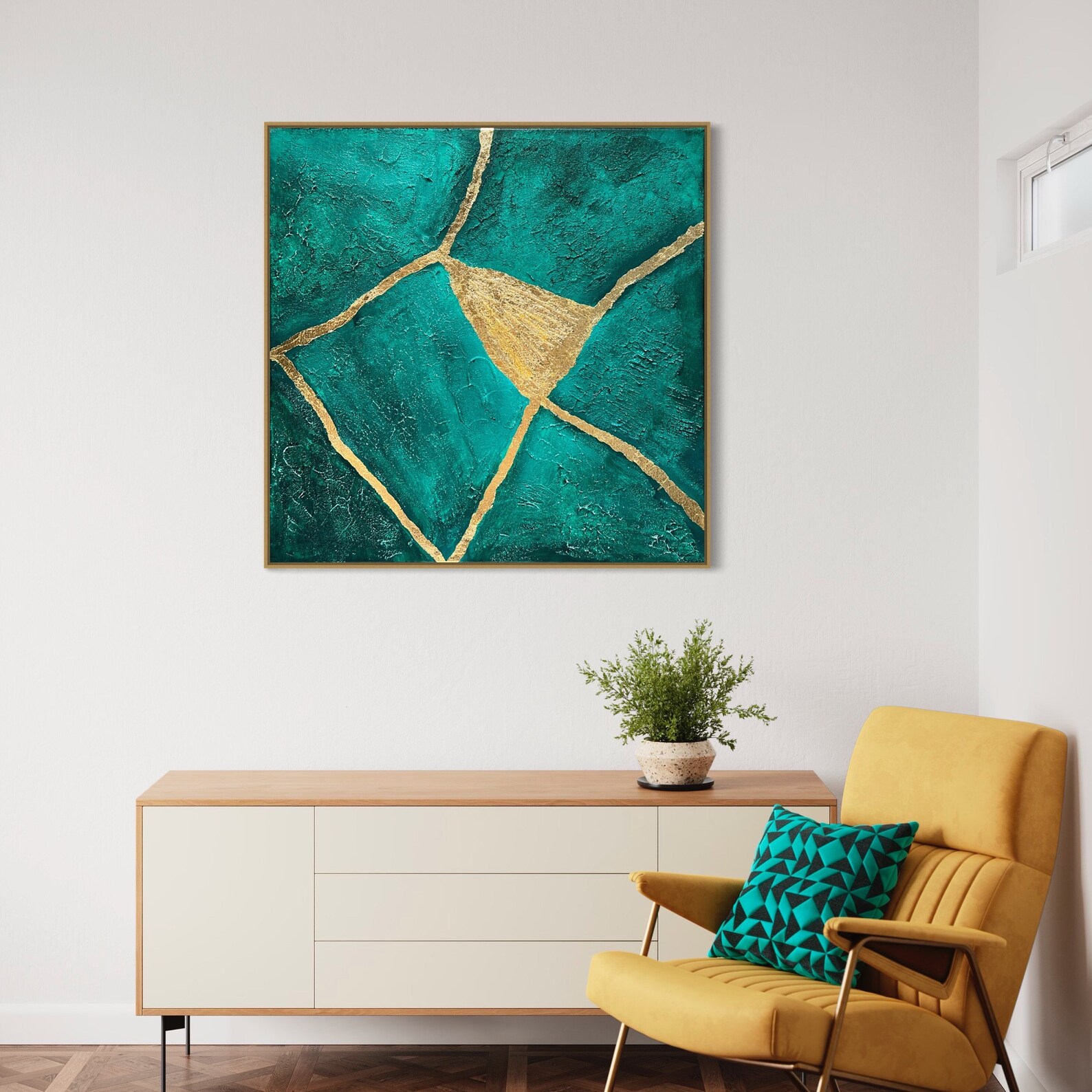 Green & Gold Abstract Painting, Kintsugi Wall Art, Japanese Painting ...
