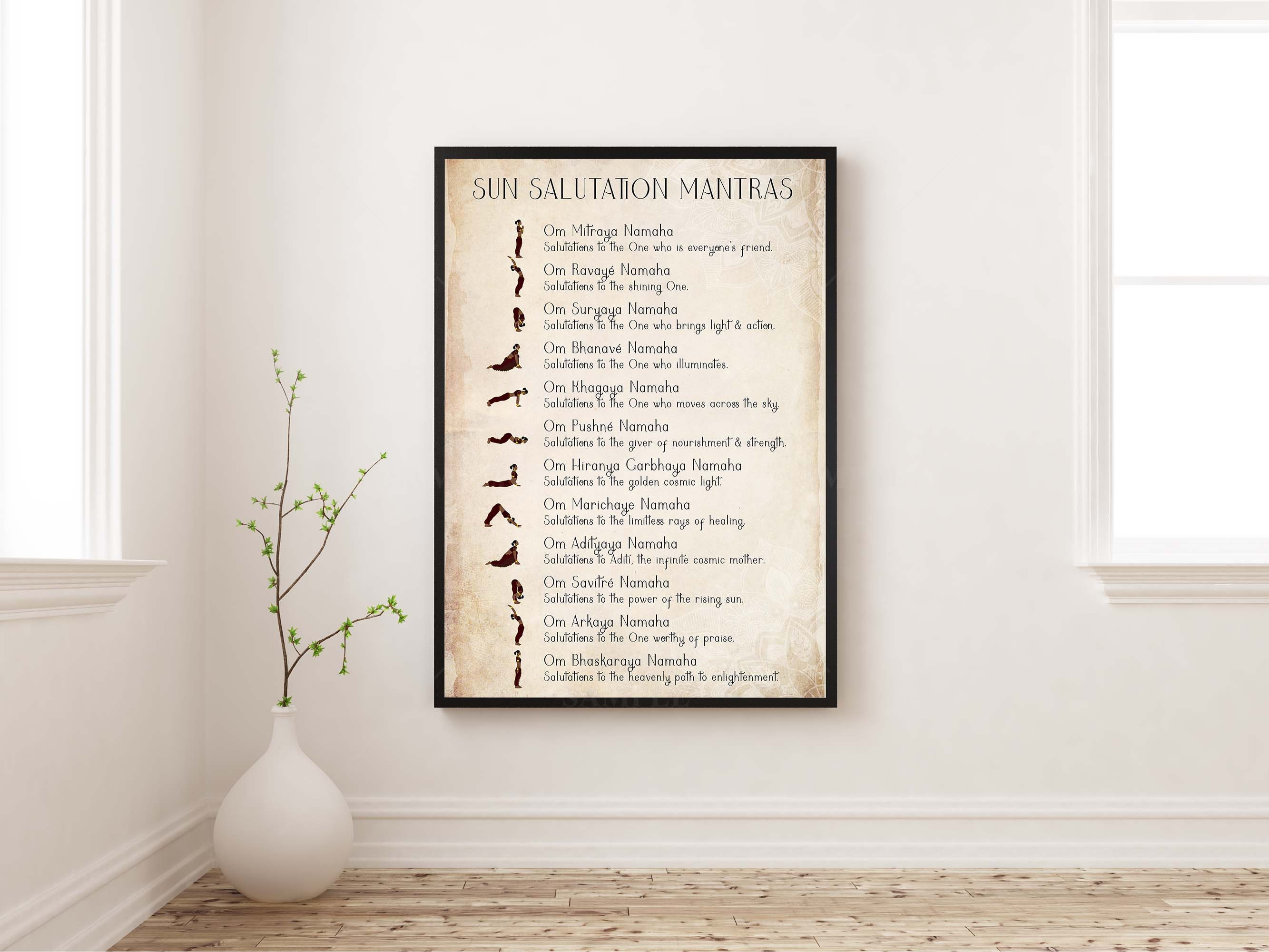 Sun Salutation Mantras, Surya Namaskar Mantras Yoga Wall Decoration ...