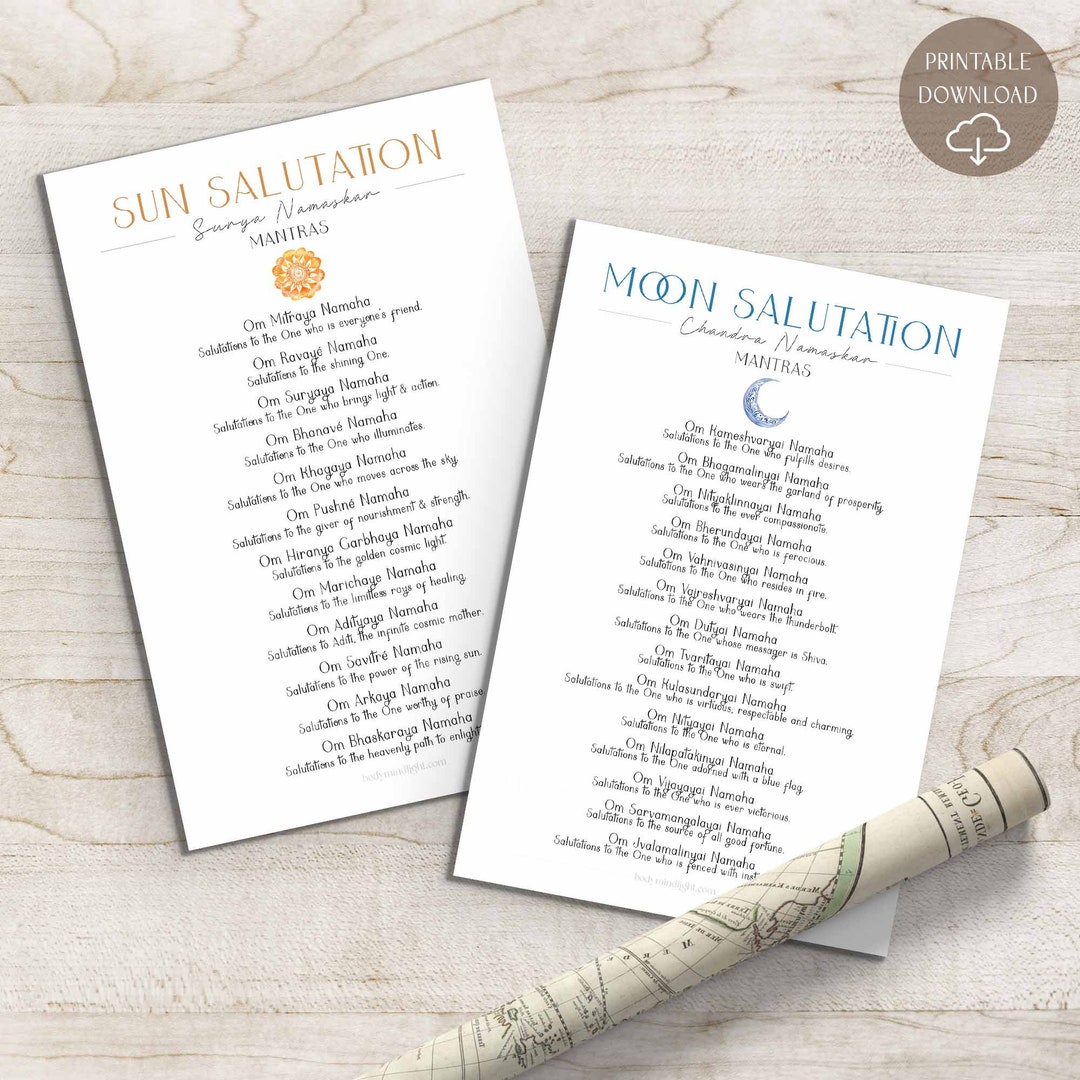 Sun Salutation & Moon Salutation Sanskrit Mantra Cards | Surya Namaskar ...