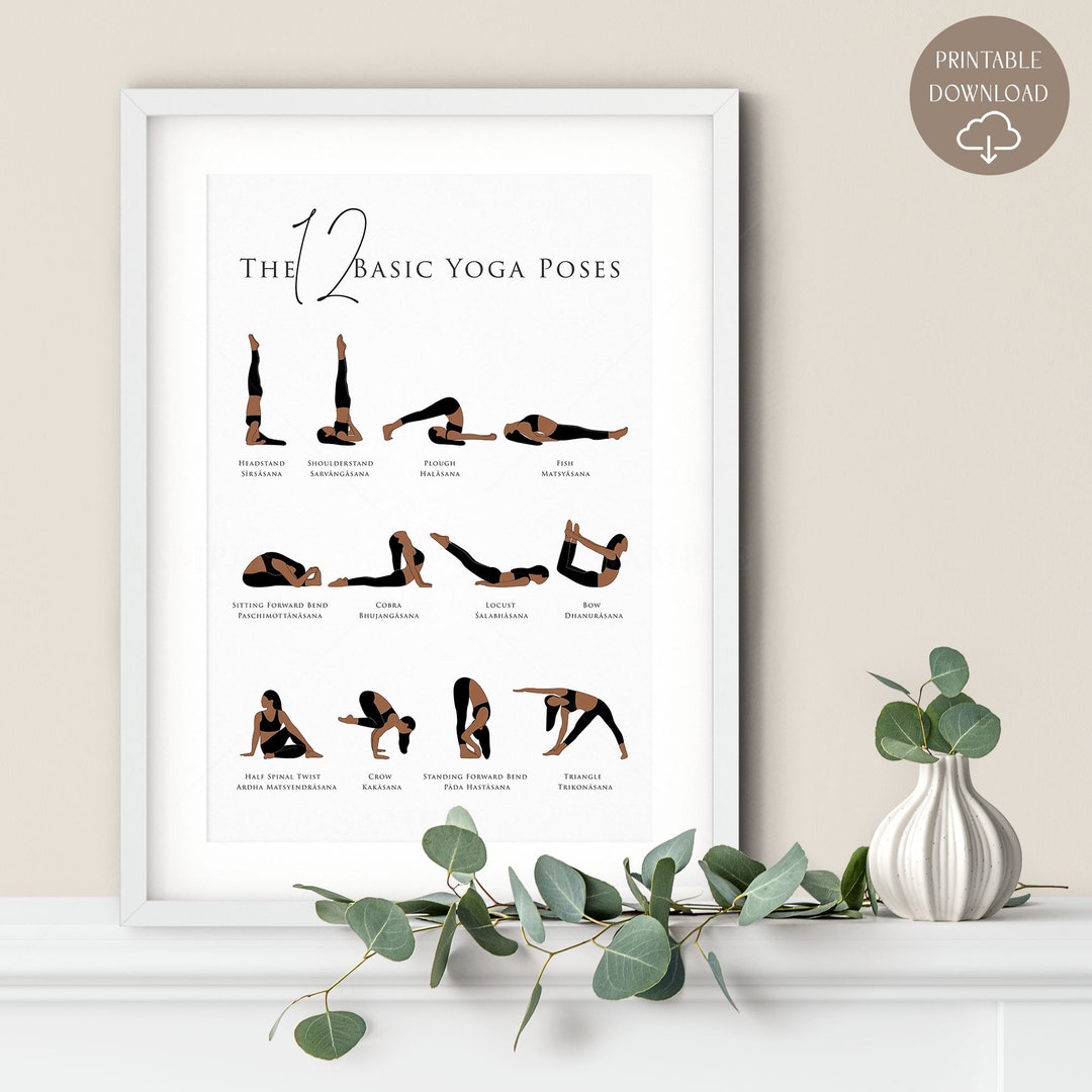 The 12 Basic Yoga Poses in English & Sanskrit: Asanas Poster ...