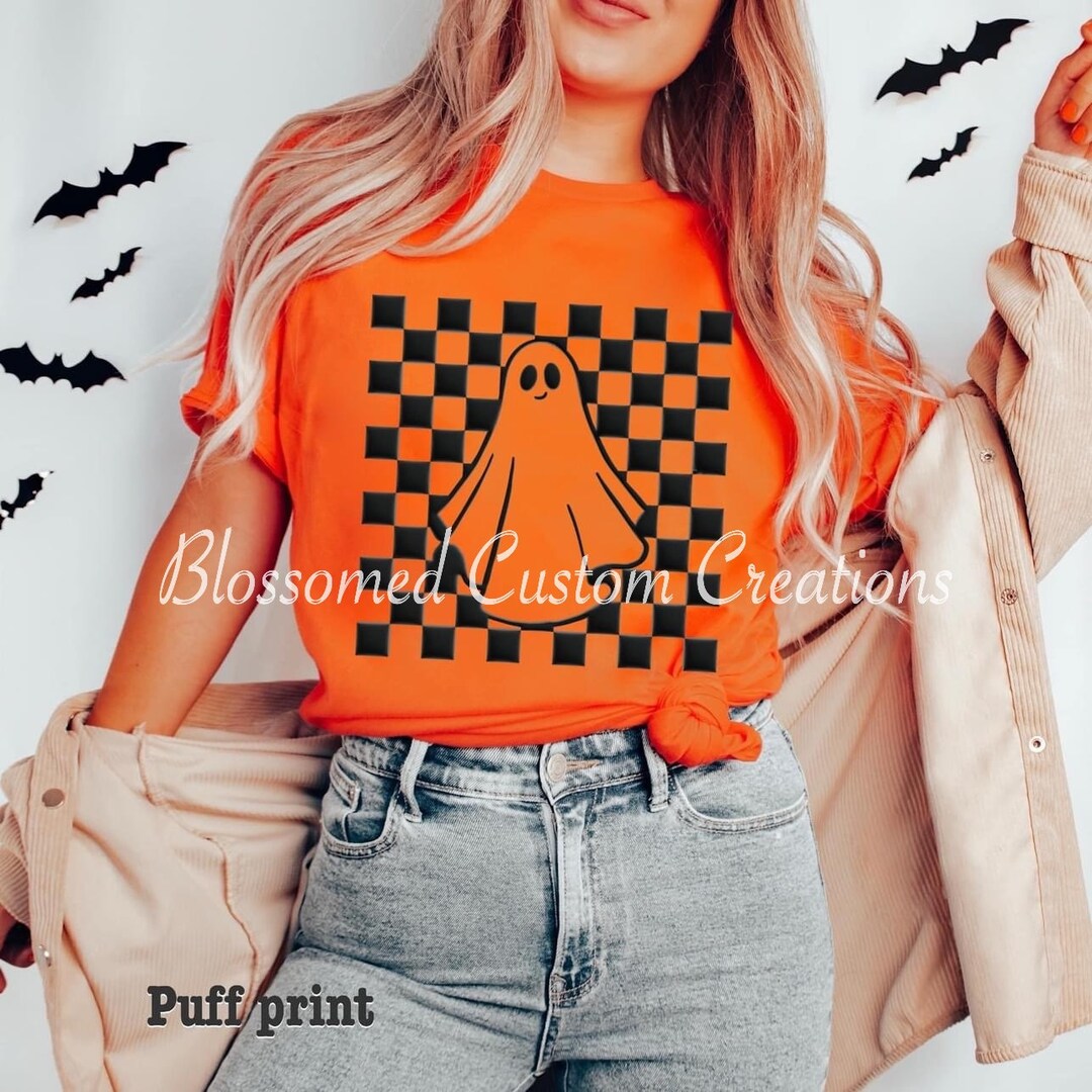 Checkered Ghost| Halloween| Puff Print| Black| Unisex| Women| T-shirt ...