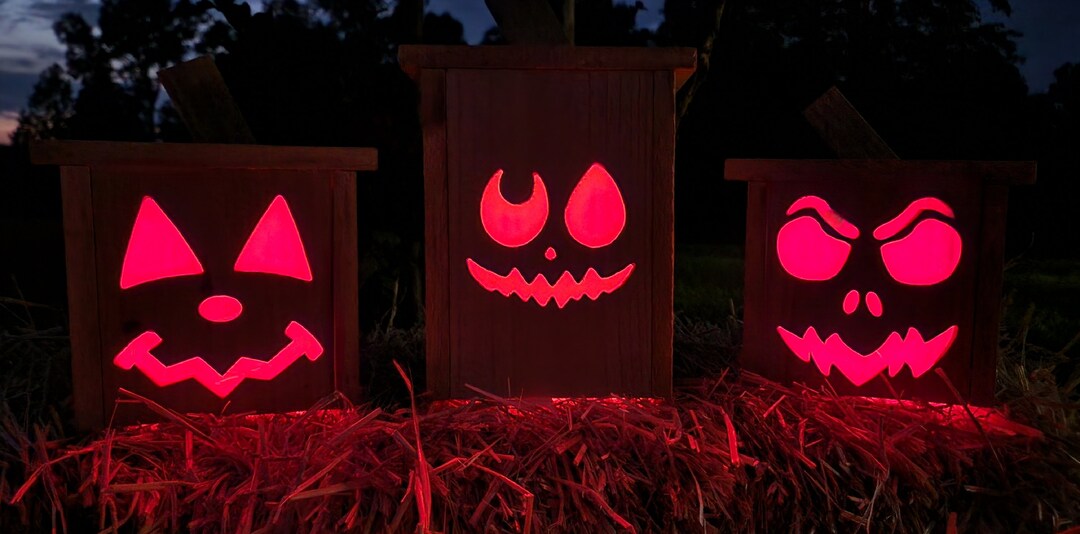 Handcrafted Wooden Jack-o-lantern Boxes - Carved Faces - Battery ...