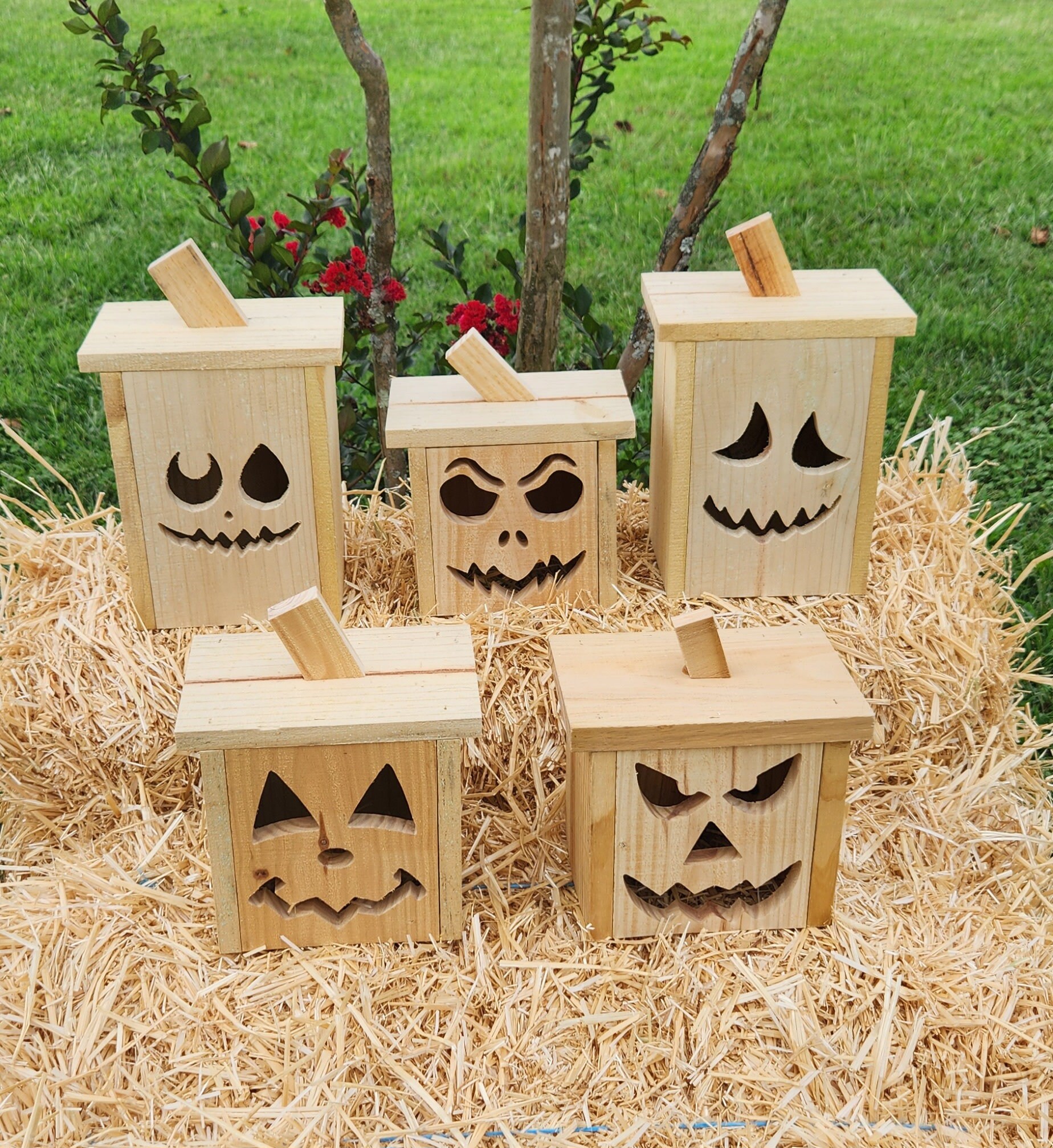 Handcrafted Wooden Jack-o-lantern Boxes With Carved Faces - Small and ...