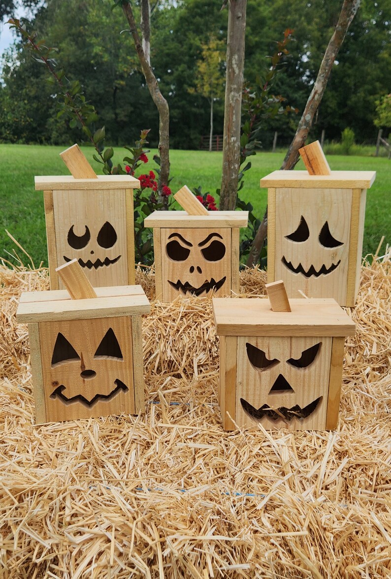 Handcrafted Wooden Jack-o-lantern Boxes - Carved Faces - Battery ...