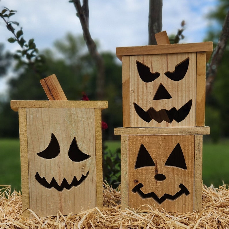 Handcrafted Wooden Jack-o-lantern Boxes With Carved Faces - Small and ...
