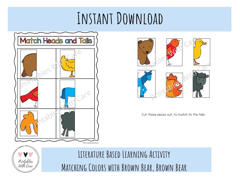 Learning Colors, Heads and Tails Puzzle, Printable, Preschool Activity ...