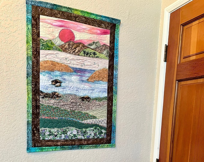 Pastel Sky Landscape Art Quilt, Quilted Wall Hanging Mountain Scene ...