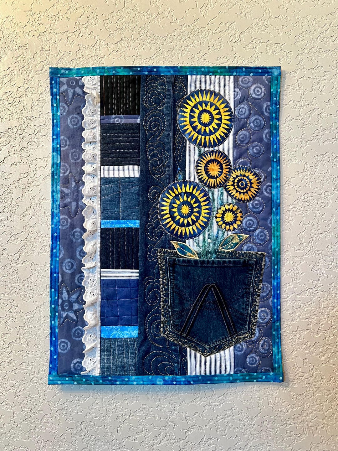 Denim Wall Art Quilt With Functional Pocket, Abstract Art, Contemporary ...