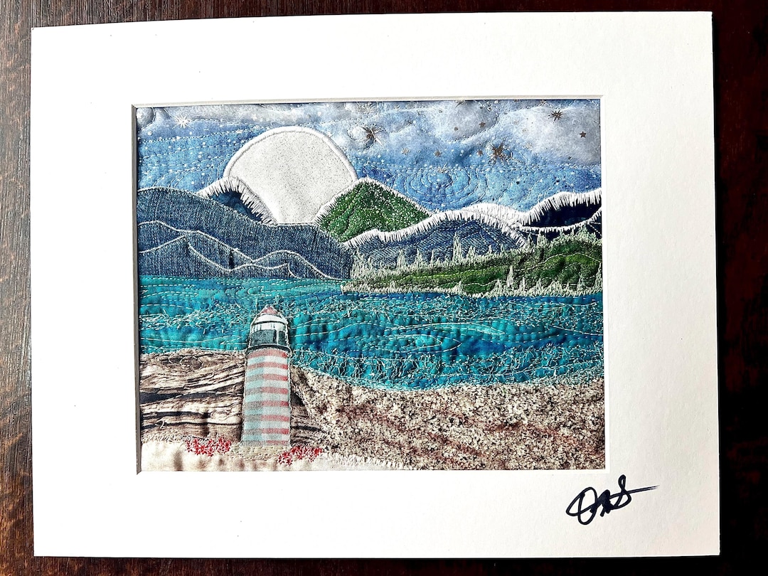 Lighthouse Landscape Fiber Art Quilt, White Mat Ready for Your Own ...