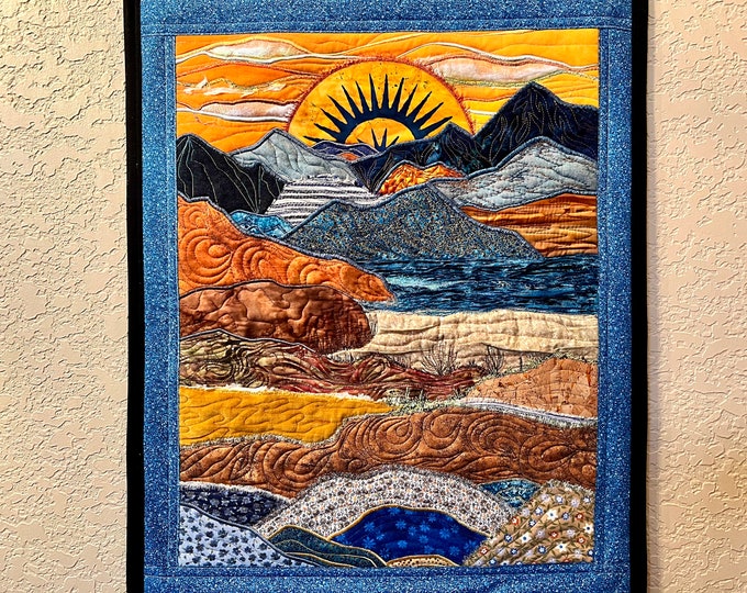Batik Sun Landscape Art Quilt, Quilted Wall Hanging, Mountain Wall Art ...
