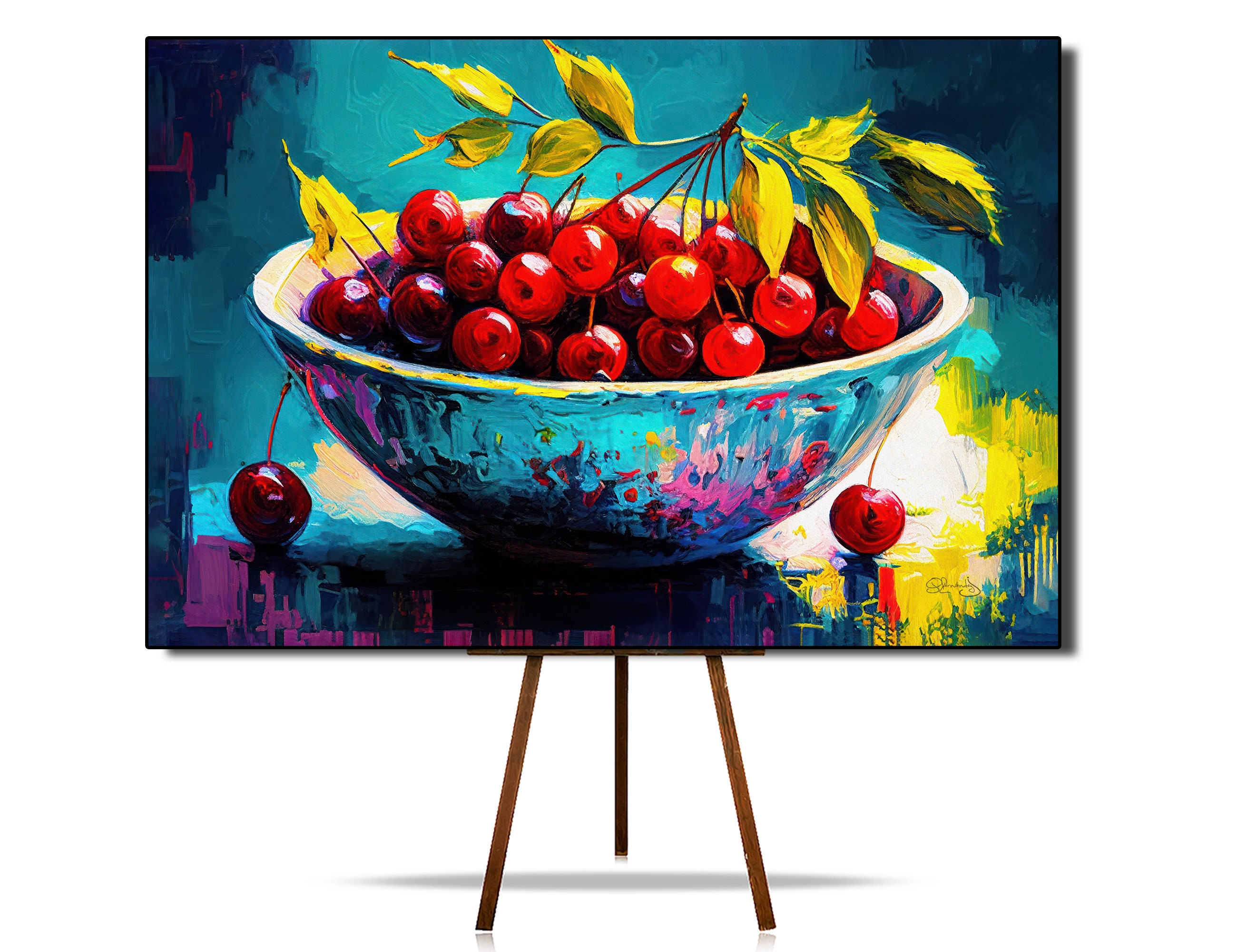 Still Life Cherries Art With Oil Painting Effect, Abstract Canvas Wall ...