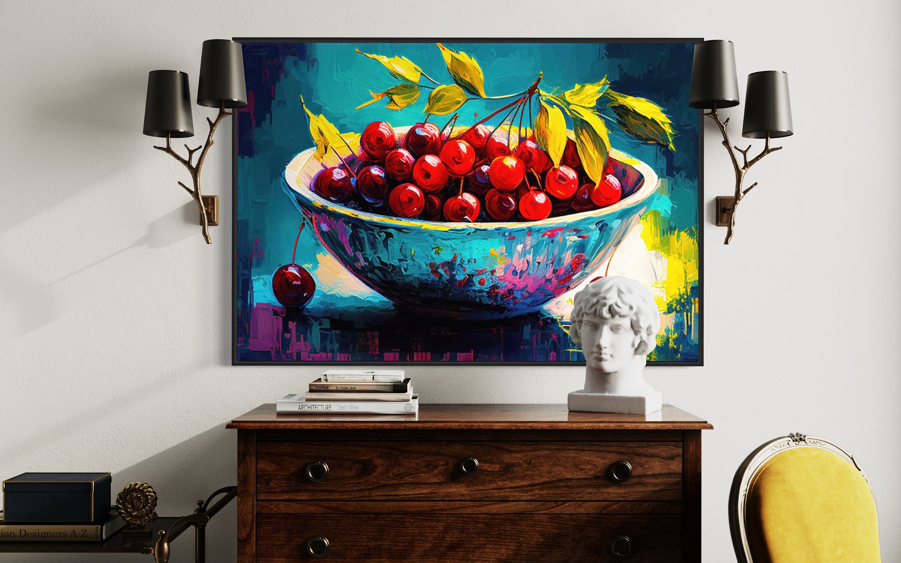 Still Life Cherries Art With Oil Painting Effect, Abstract Canvas Wall ...