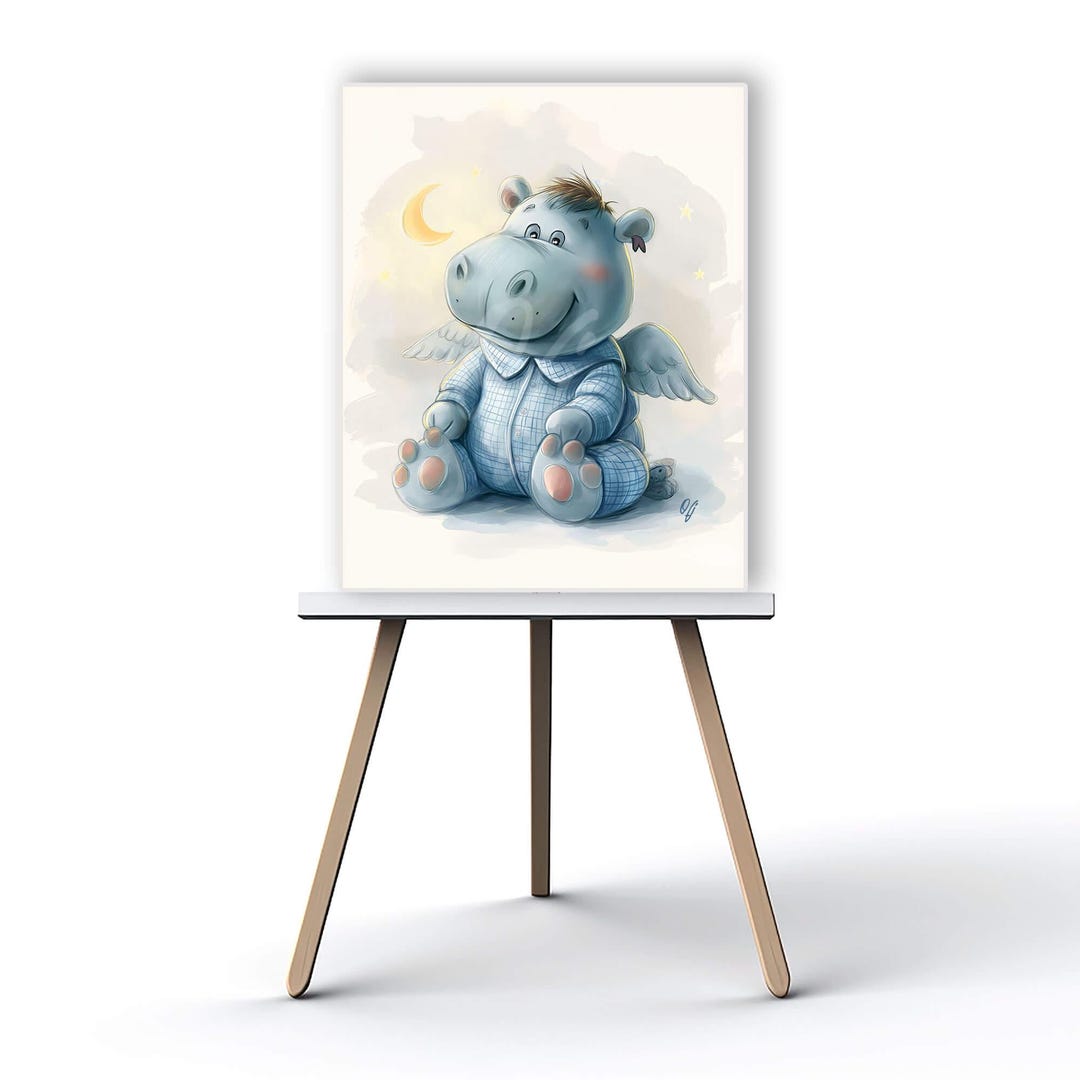 Cute Guardian Angel Hippo | Baby Animal Nursery Print | Kids Room Wall ...