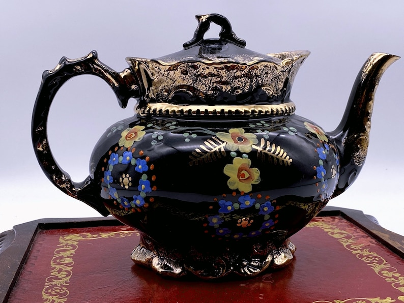 Antique Victorian Teapot Jackfield Black Hand Painted Daffodil No ...