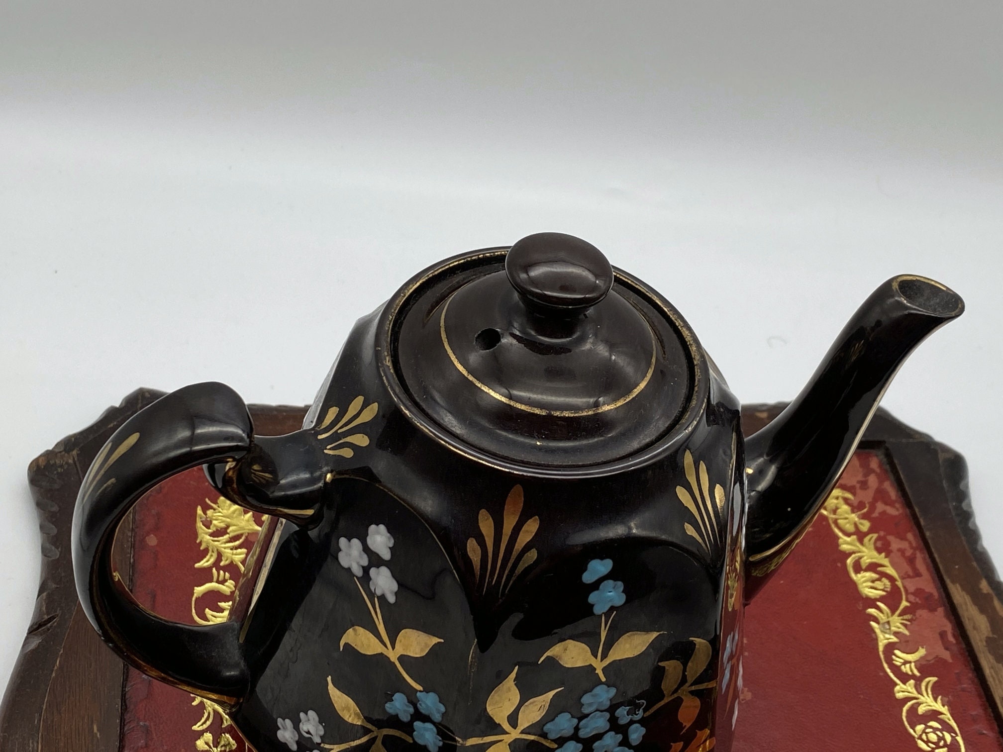 Antique Victorian Jackfield Black/dark Brown Hand Painted Forget Me Not ...