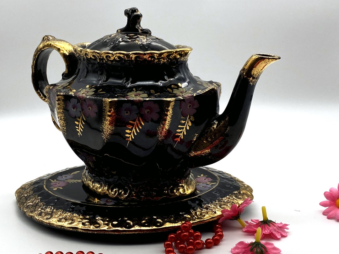 Antique Jackfield Earthenware Full Size Teapot With Tray Black Gilded ...