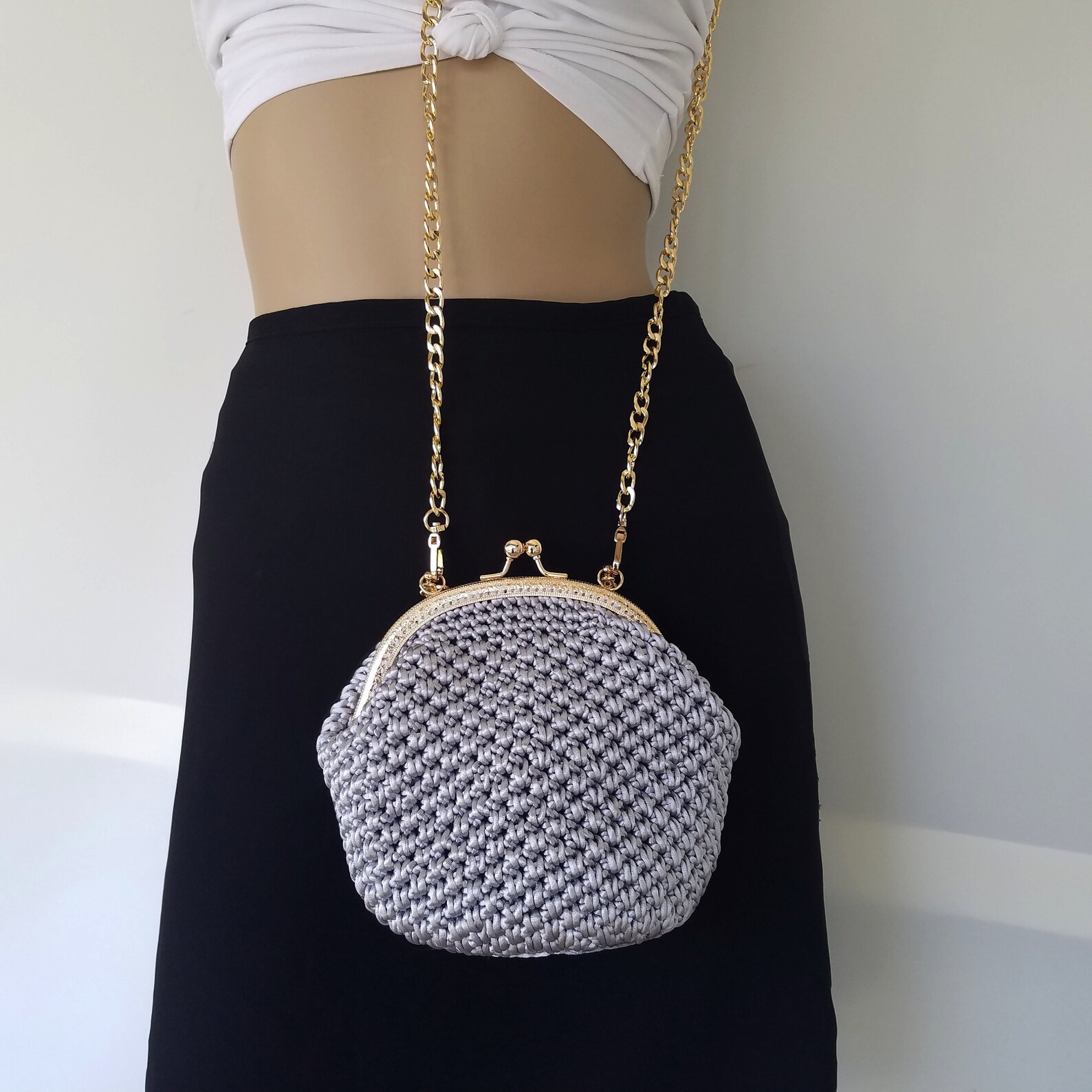 Kiss Clasp Crochet Handbag, Kiss Lock Chain Cross Body Bag, Handmade ...