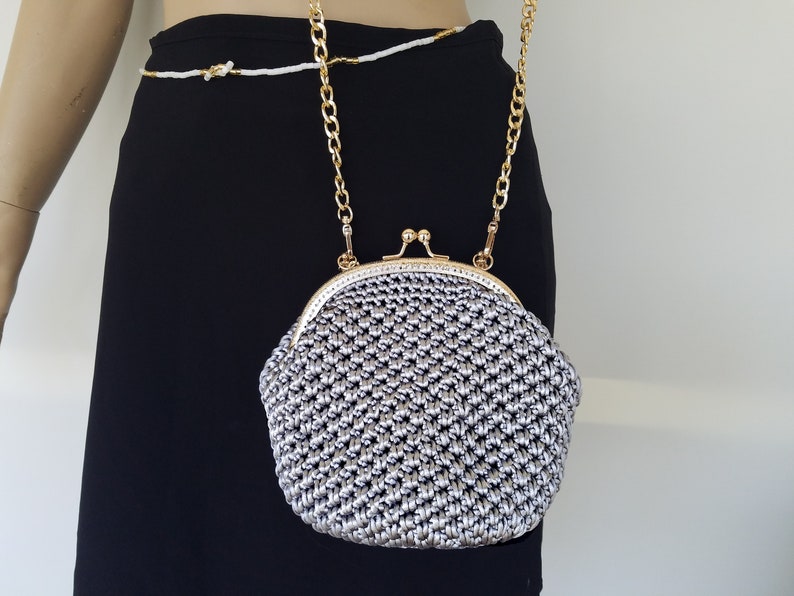Kiss Clasp Crochet Handbag, Kiss Lock Chain Cross Body Bag, Handmade ...