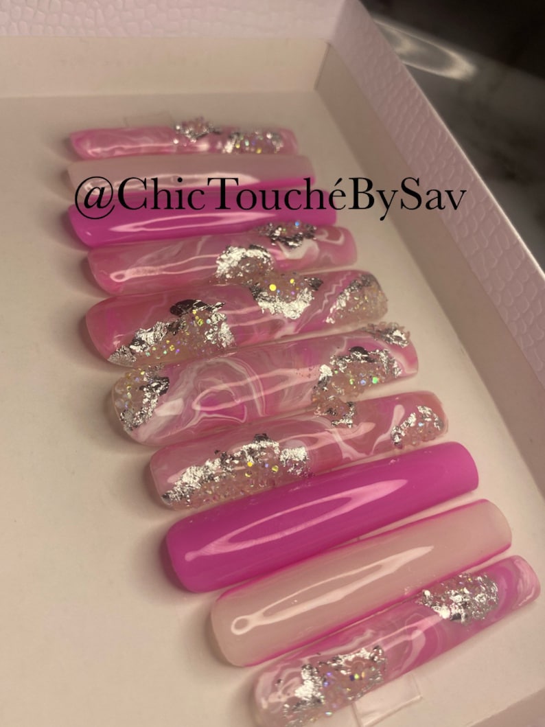 Pink Geode Nails 10 Piece Press on Nail Set Geode Crystal - Etsy