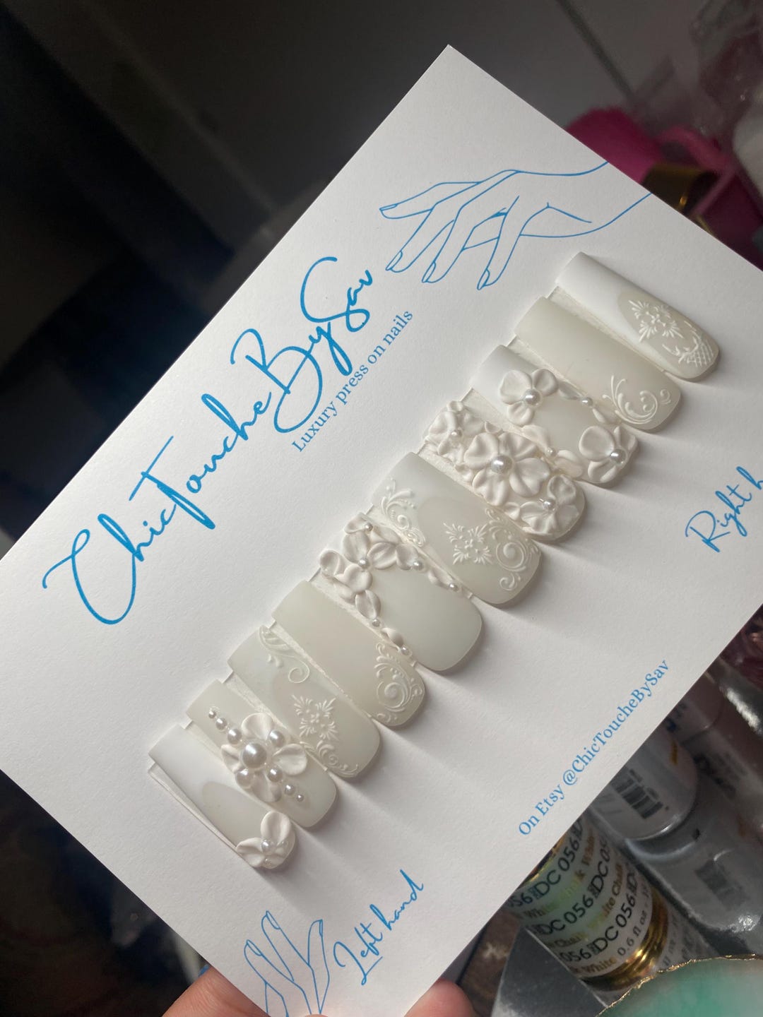 White Wedding| All White Lace Print 3D Acrylic Flower Press on Nails ...