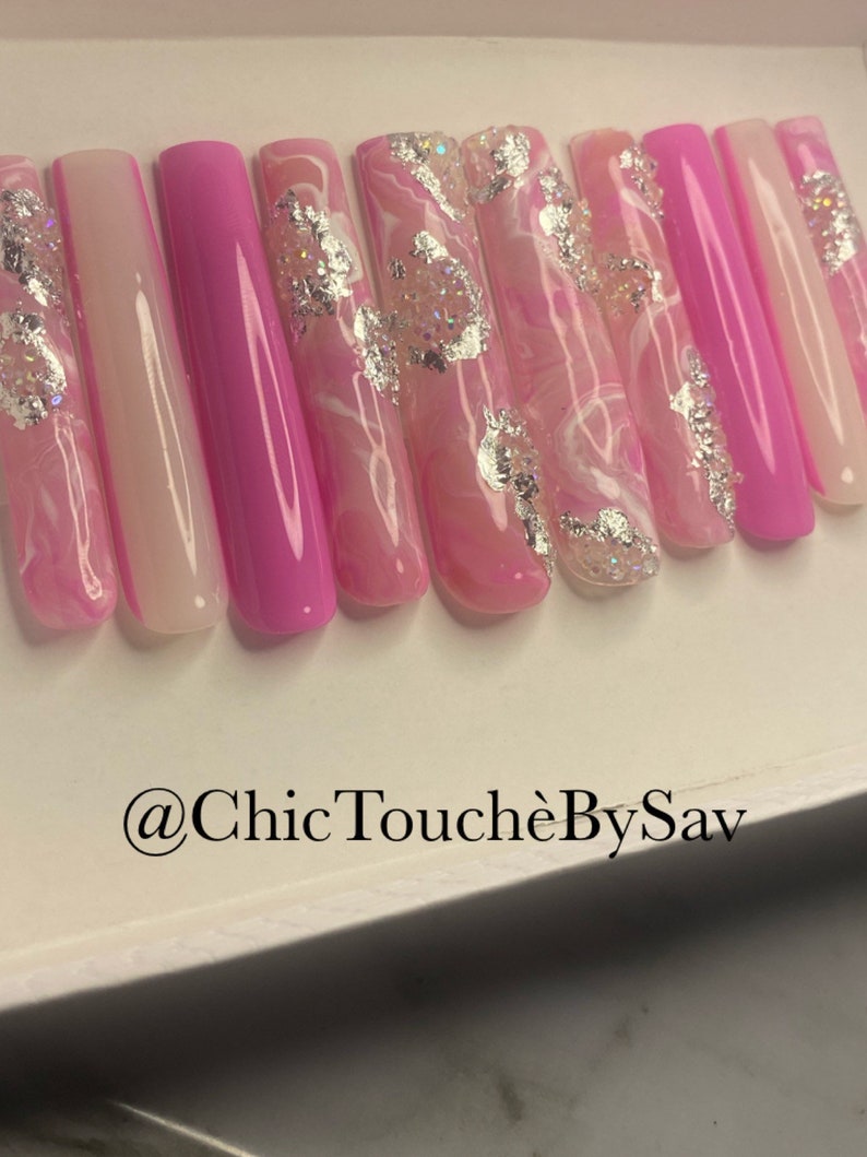 Pink Geode Nails 10 Piece Press on Nail Set Geode Crystal - Etsy