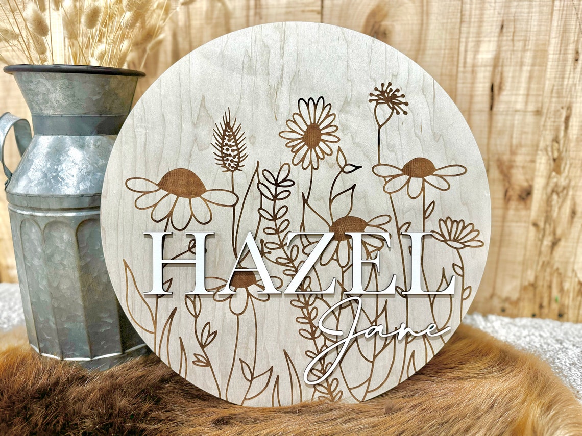 Nursery Wildflower Round Name Sign | Personalized Wooden Nursery Sign ...