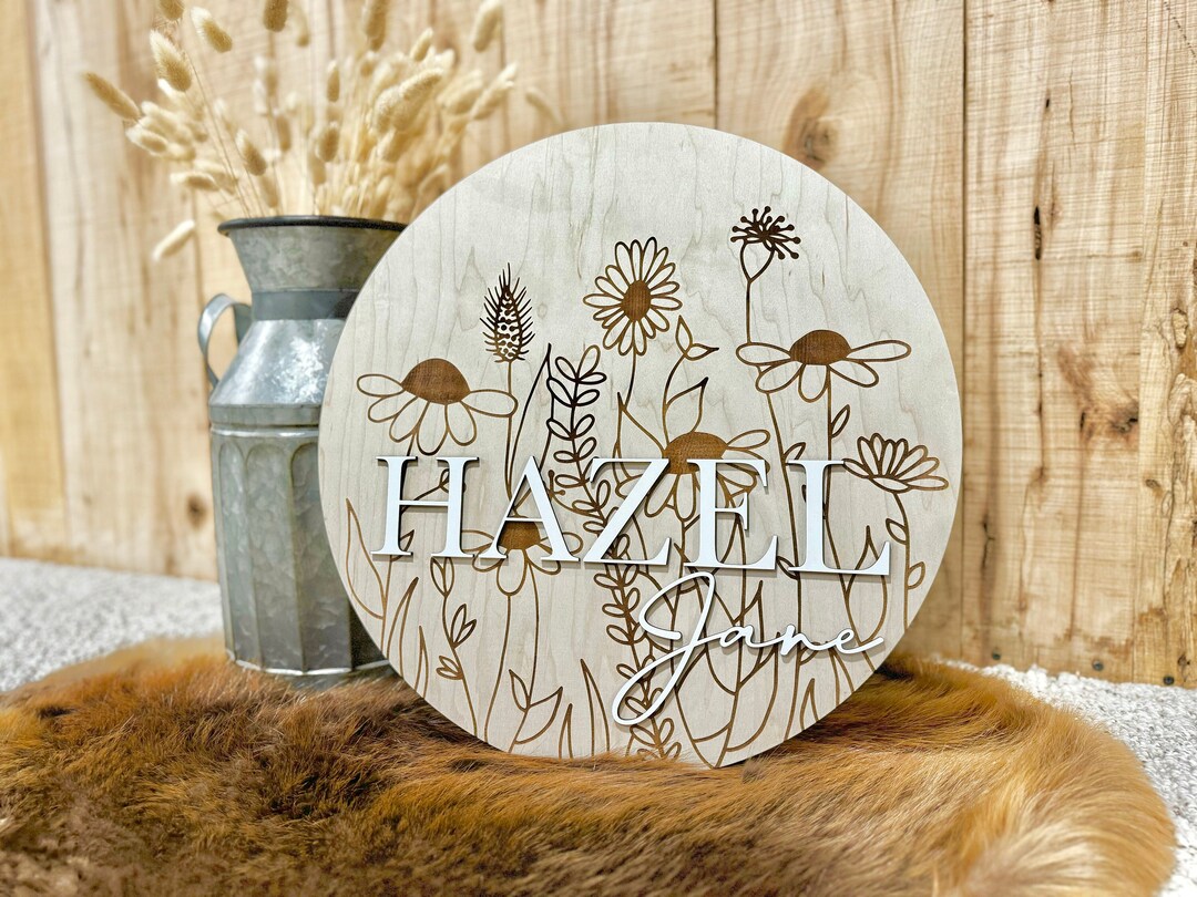 Nursery Wildflower Round Name Sign | Personalized Wooden Nursery Sign ...